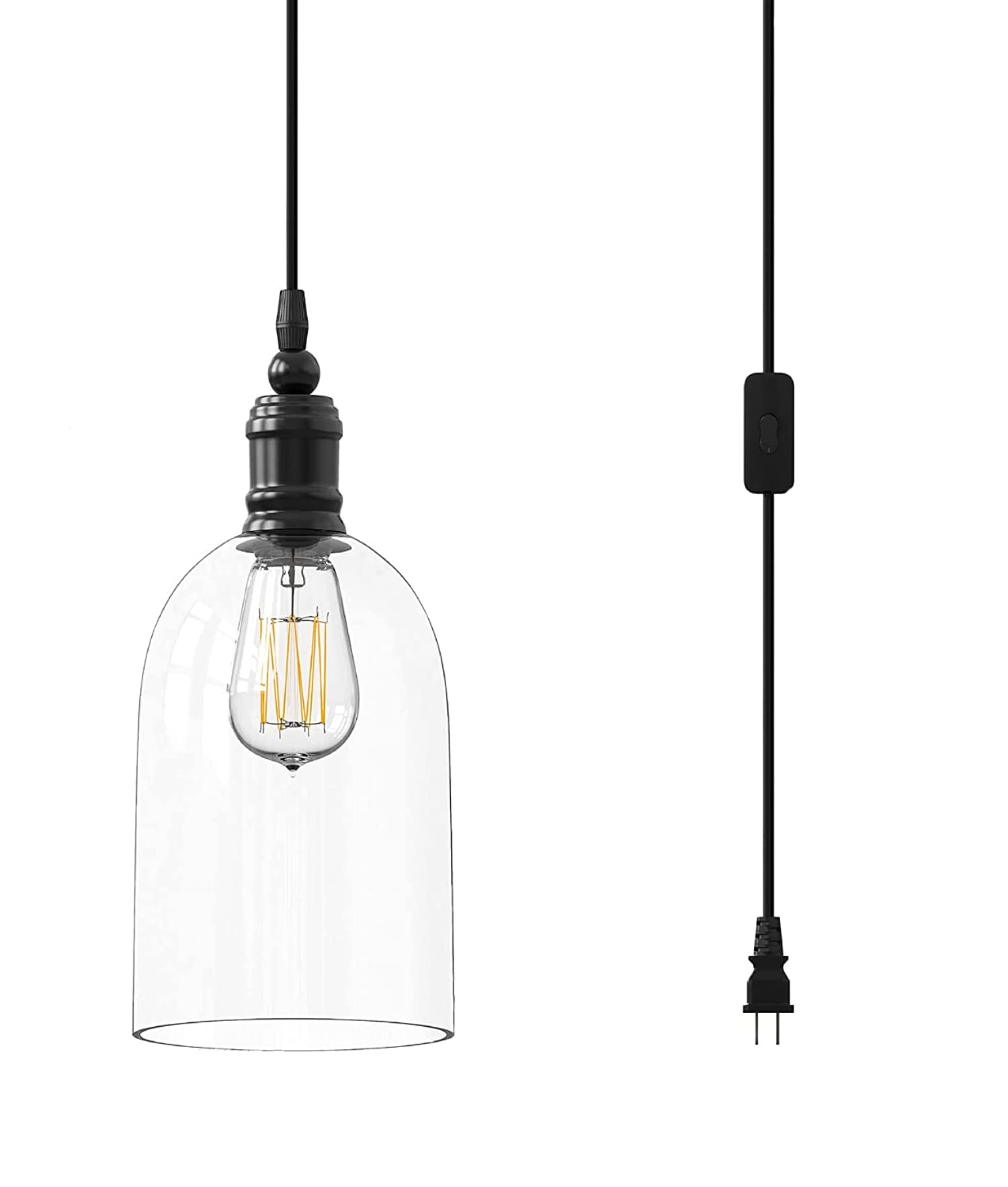 WINSOON Plug in Pendant Light, 15FT Cord On/Off Switch Hanging Light Modern Ceiling Lamp, Oval Clear Glass Shade for Kitchen Island Bedroom Living Dining Room
