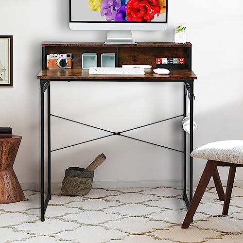 TEAMIX 32 inch Computer Desk with Shelf Study Writing Home Office Desk with Monitor Stand Vanity Table Mini Laptop Desk with Hooks 3D Printer Stand