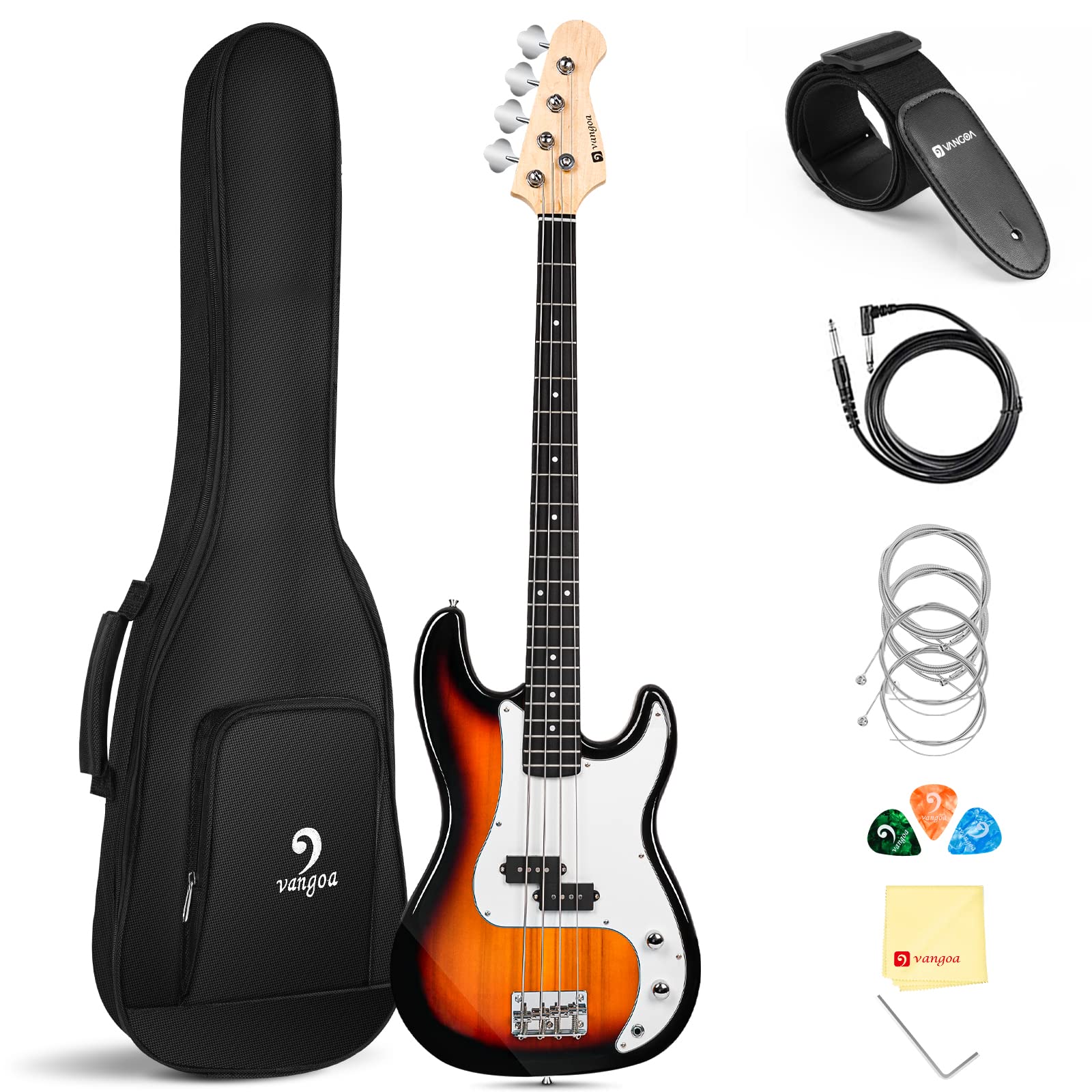 Vangoa Electric Bass Guitar Full Size 4 Strings Standard Bass PB Style Beginner Kit Sunburst for Starter Adults Kids with Gig Bag Cable Extra Strings Strap