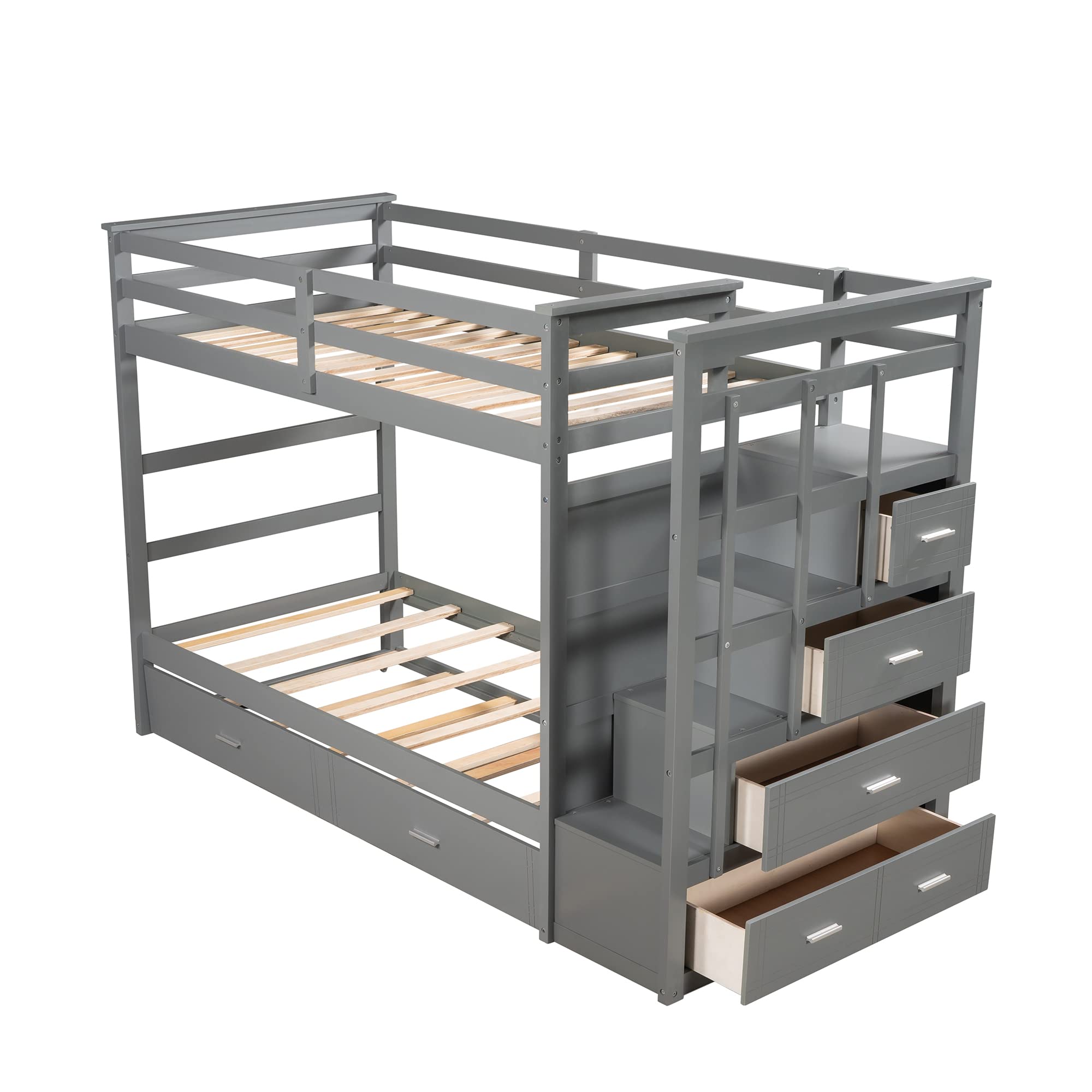Twin Over Twin Bunk Bed with Twin Size Trundle, Solid Wood Bunk Beds with 4 Storage Drawers, Staircase and Safety Guard Rail, No Box Spring Needed (Gray)