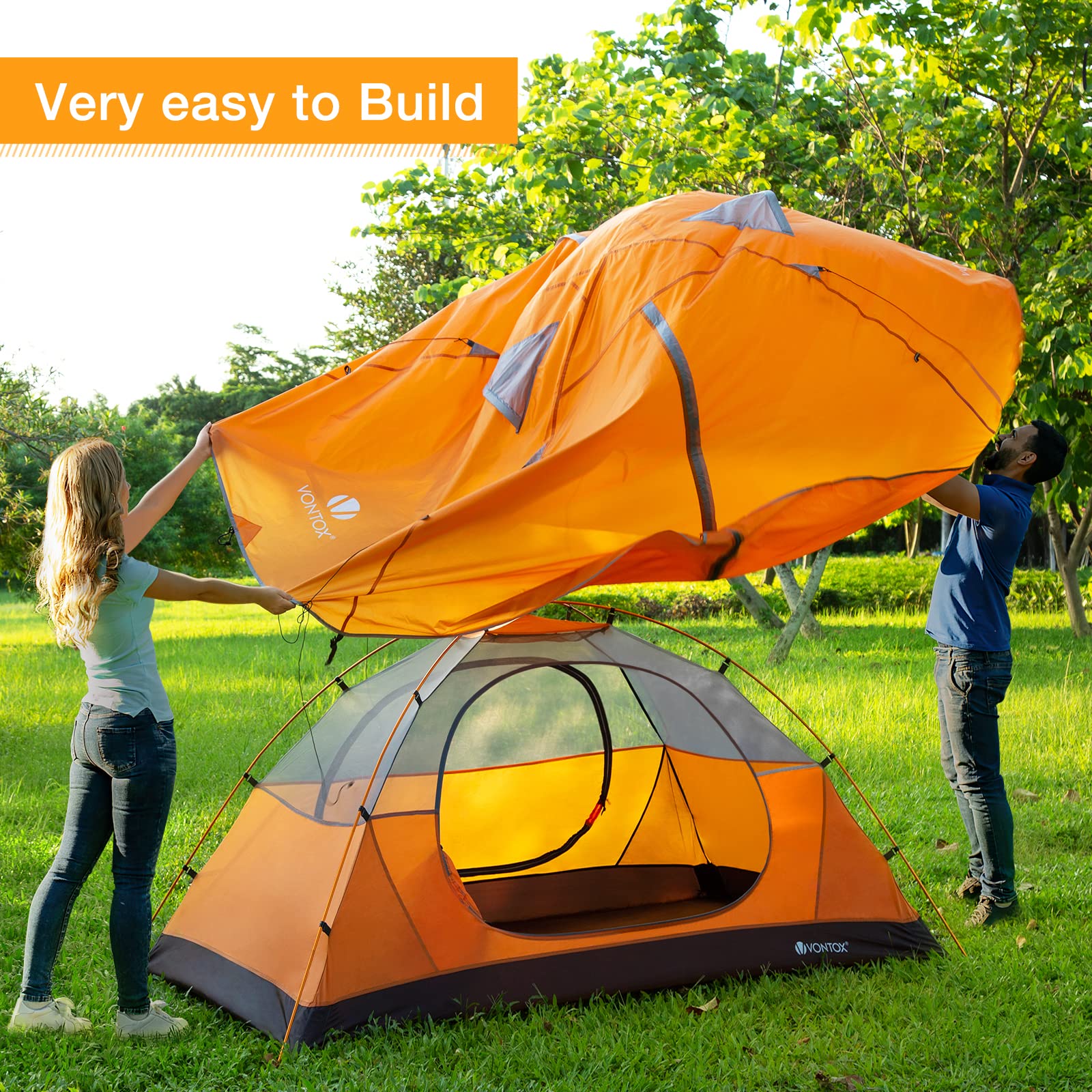 V VONTOX 2-3 Person Ultralight Backpacking Tent, Orange, Waterproof, Windproof, 86.6 x 48.4 in, 31 sqm