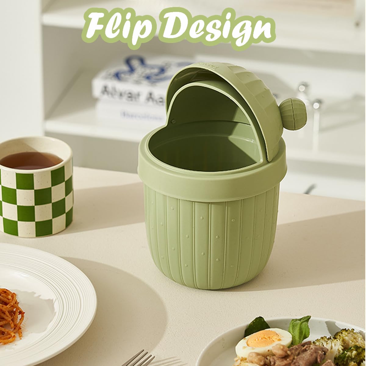 Ujk-TyLun Cute Desktop Trash Can Wastebasket and 120 Trash Bags, Mini Cactus Garbage Can with Flip Lid, Tiny Plastic Storage Bin for Countertop Table, Office, Kids Bedroom, 15 * 15 * 21cm (Green)
