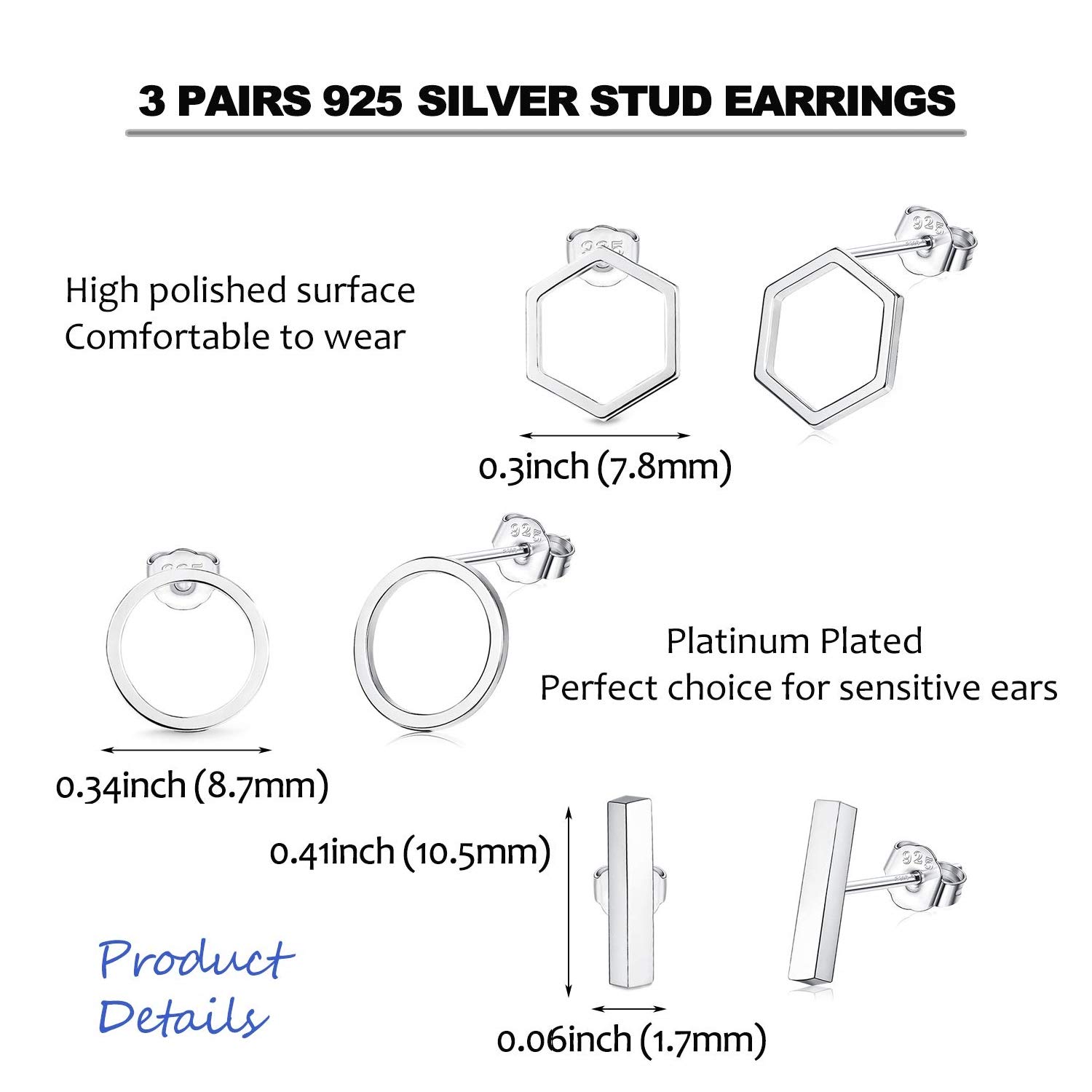 Sllaiss 3 Pairs 925 Sterling Silver Stud Earrings Set Bar Earrings Different Shapes