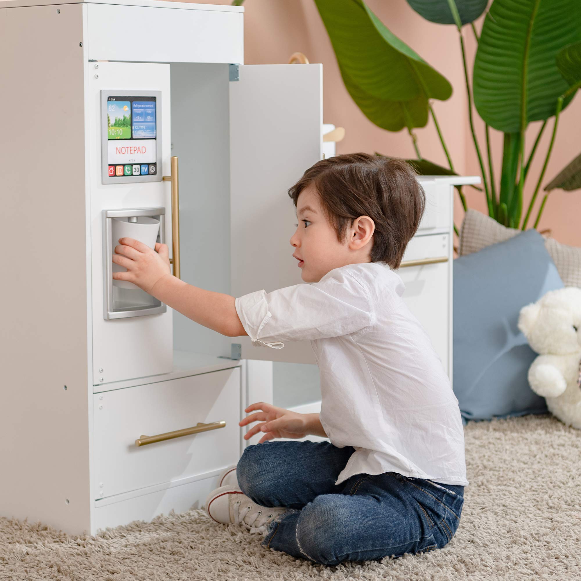 Teamson Kids Little Chef Charlotte Modern Modular Interactive Wooden Play Kitchen with Refrigerator, Stove and Sink in White with Gold Finishes
