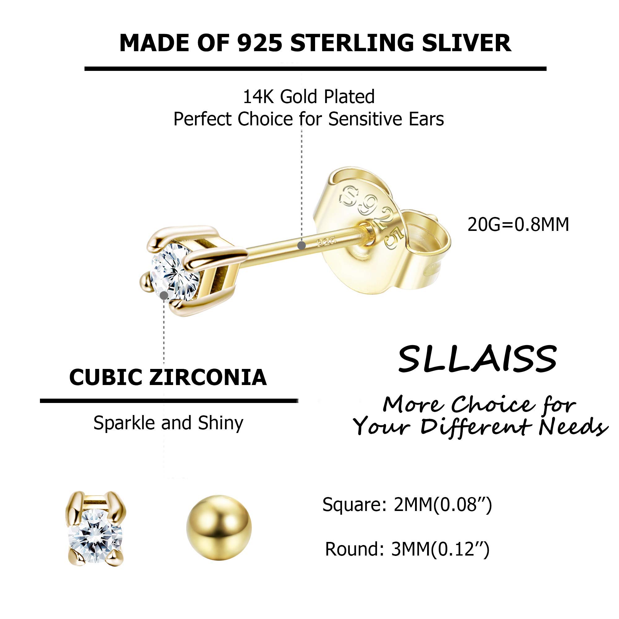 Sllaiss 6 Pairs Sterling Silver Tiny Ball Stud Earrings for Women Round CZ Stud Earrings Set Gold