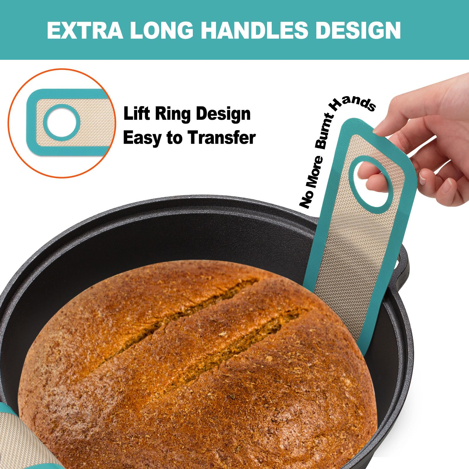 Silicone Bread Sling Dutch Oven - Best Japan Silicone. Non-Stick & Easy Clean Reusable Silicone Bread Baking Mat. With Extra Long Handles Bread Baking Sheet Liner, 2 Aqua Sky Set Transferable Dough