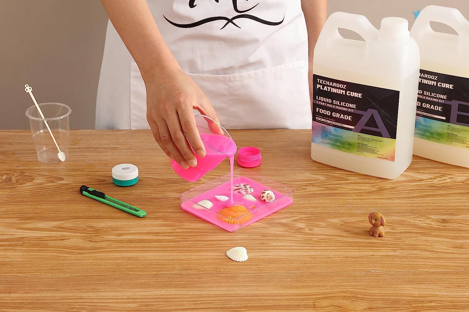 TECHAROOZ Liquid Silicone for Mold Making Kit 140 Oz/1 Gallon/8.8lb - Shore 20A Food Grade - DIY Mold Making Silicone Rubber for Casting Crafy Epoxy Resin, Soaps & Candles Molds (Clear, Aqua and Pink)