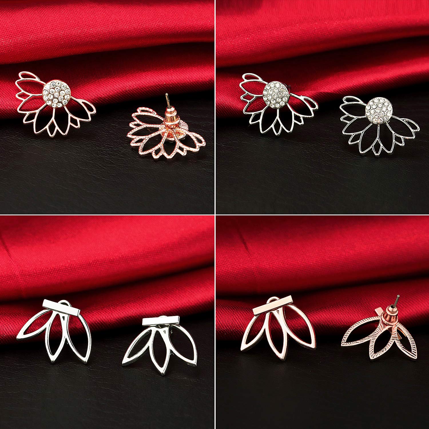Suyi Fashion Hollow Lotus Flower Earrings Crystal Simple Chic Stud Earrings Set 8 Pairs