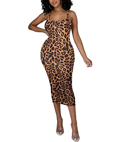 Rela Bota Women's Sexy Spaghetti Strap Sleevless Bodycon Midi Club Cocktail Dress Leopard Print XXL