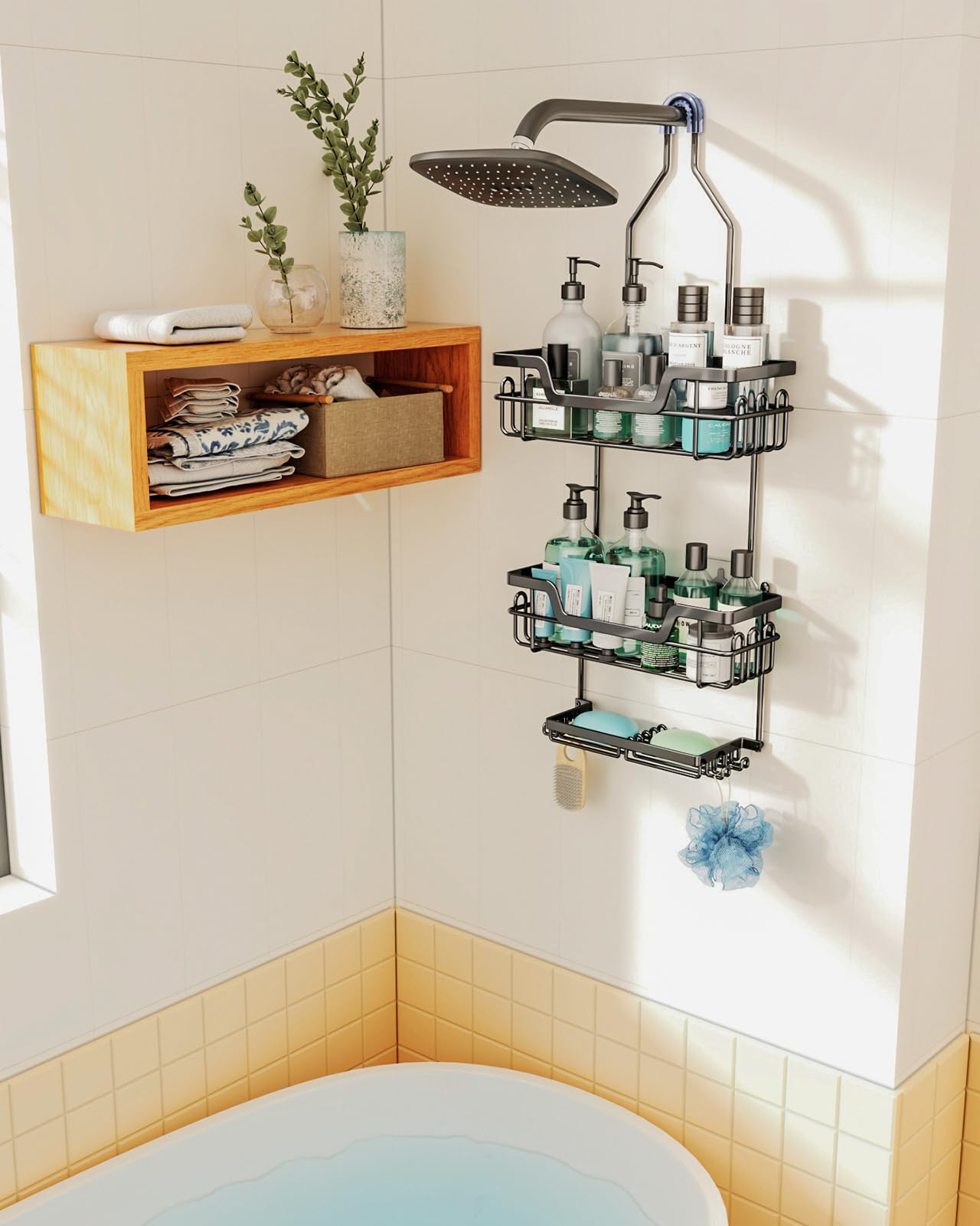 SWTYMIKI 3 Tier Rustproof Hanging Shower Caddy with 16 Hooks & Dual Soap Holder, Large Capacity Over Shower Organizer for Bathroom Shower Room, Black