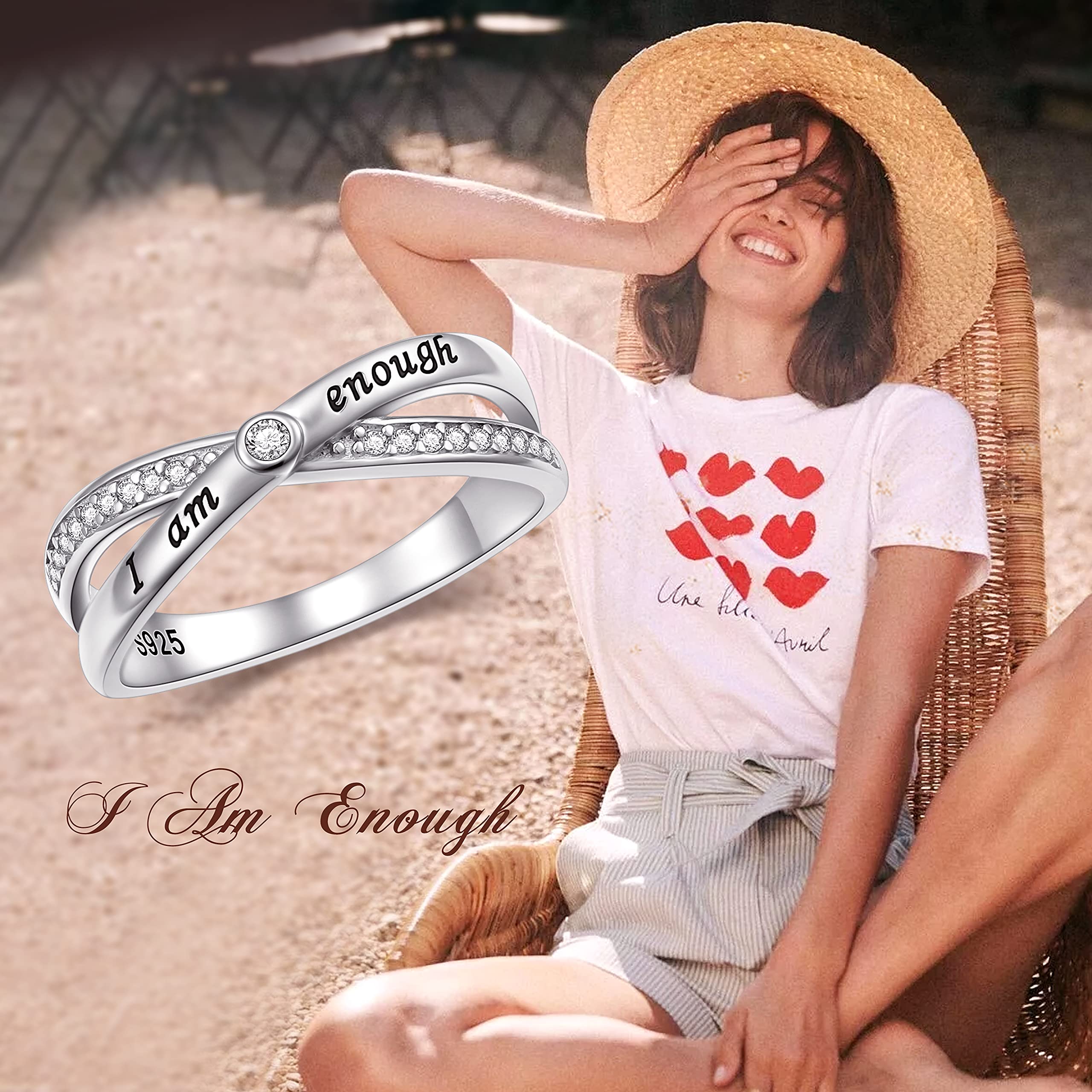 Yearace I am Enough Ring 925 Sterling Silver Inspirational Ring Adjustable Rings for Women Size 7