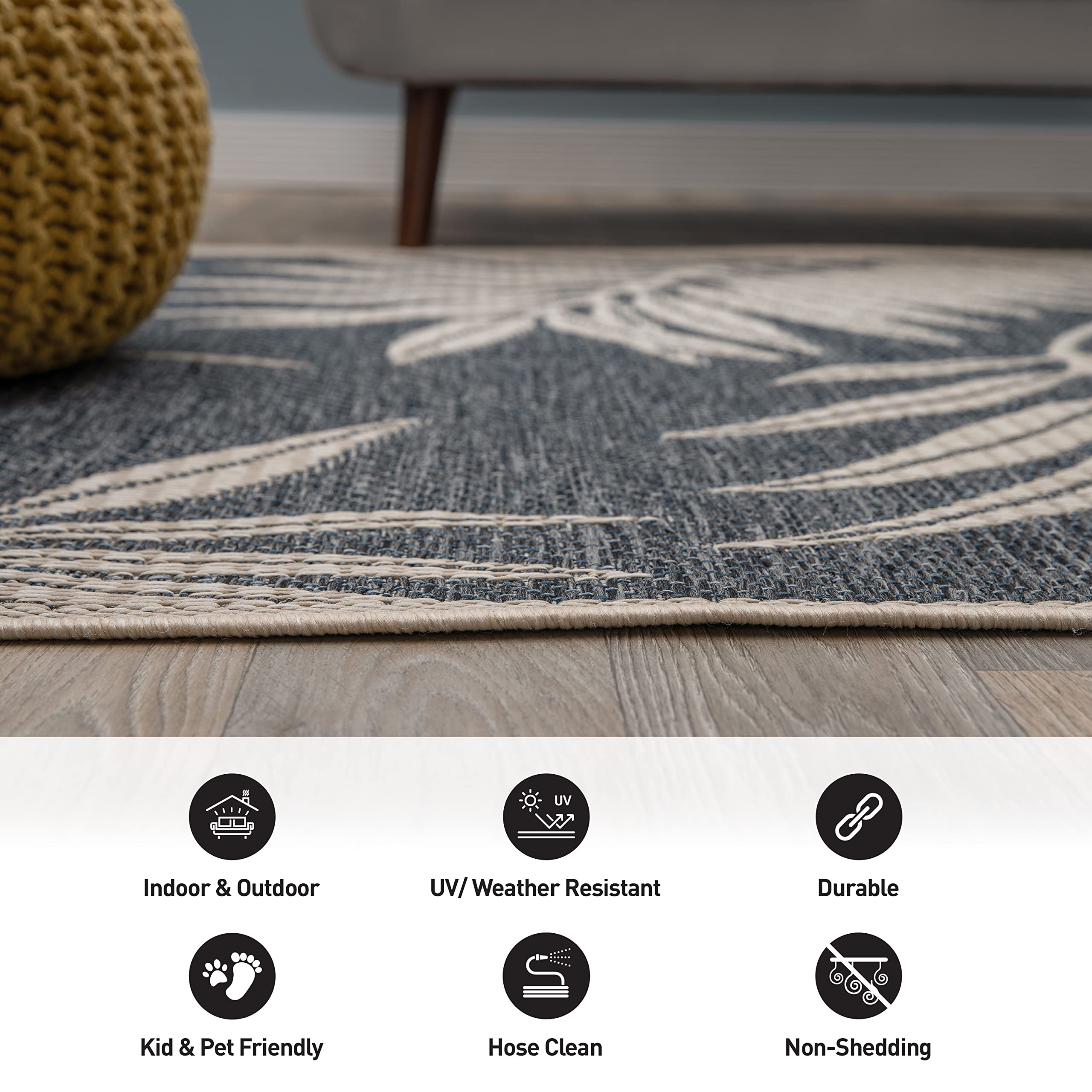 Rugshop Leaf Design Rug for Patio, Deck Rugs,Balcony Rugs Indoor/Outdoor Area Rug 5' x 7' Blue
