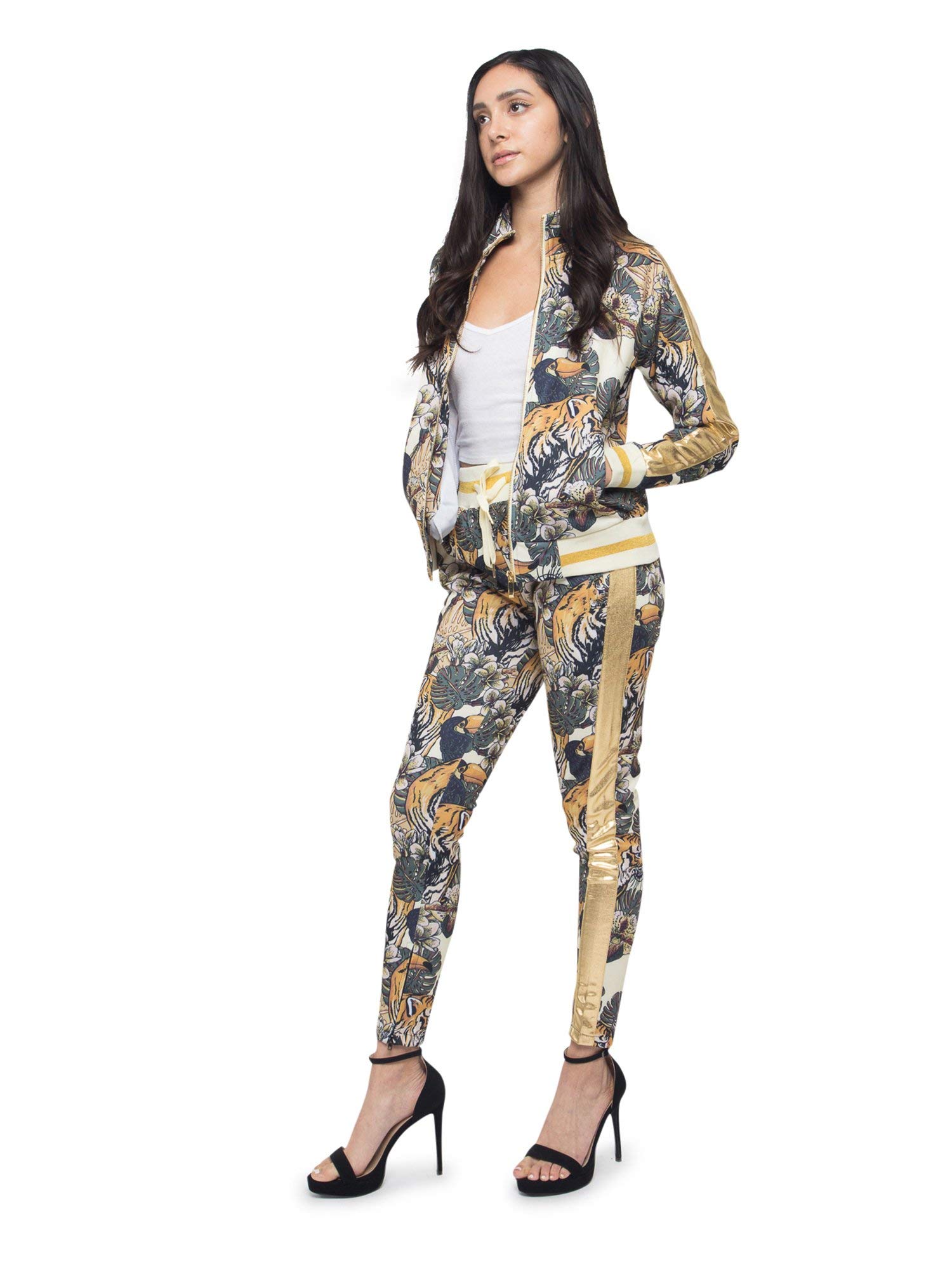 VICTORIOUS Women's Royal Jungle Floral Tiger 2 Piece Tracksuit Set - Long Sleeve Sweatshirts and Sweat Pants VL207 - Off-White - Medium - C8F