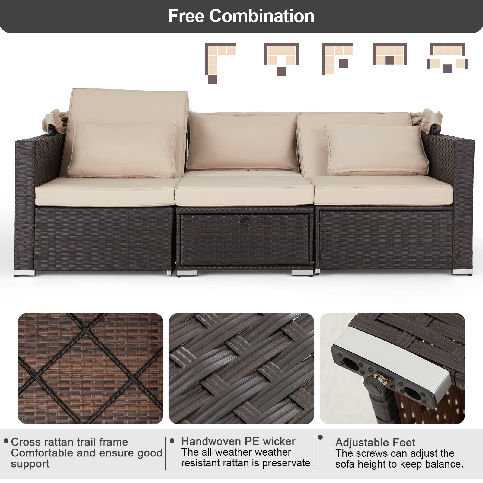 Vicluke 6 Pieces Patio Furniture Sets Outdoor Sectional Sofa Set Rattan Daybed with Retractable Canopy, Adjustable Backrest, Storable Tea Table Rectangle Sunbed for Backyard Garden Poolside(Khaki)