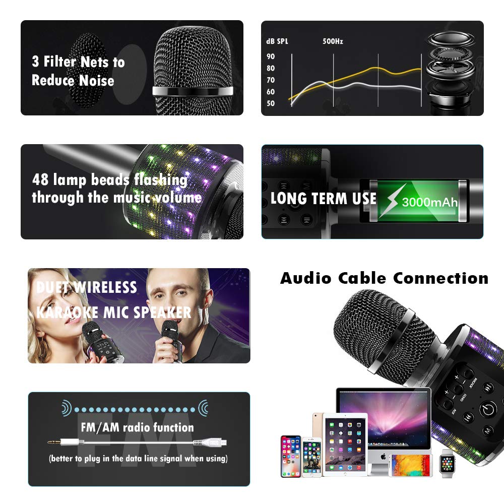 Wireless Bluetooth Karaoke Microphone with Controllable LED Lights, Portable Handheld Funny Microphone for Kids with Dual Sing, Suitable for Christmas Birthdays Family Gatherings Speeches(Black)