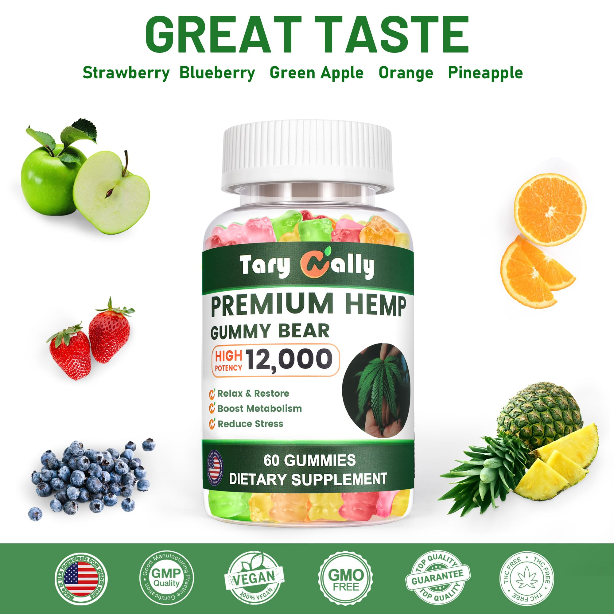Tary Nally Hemp Gummies High Potency, Stress Relief Gummies Fruity Gummy Bear, Great for Peace & Relaxation, Vegan Low Sugar Gummies
