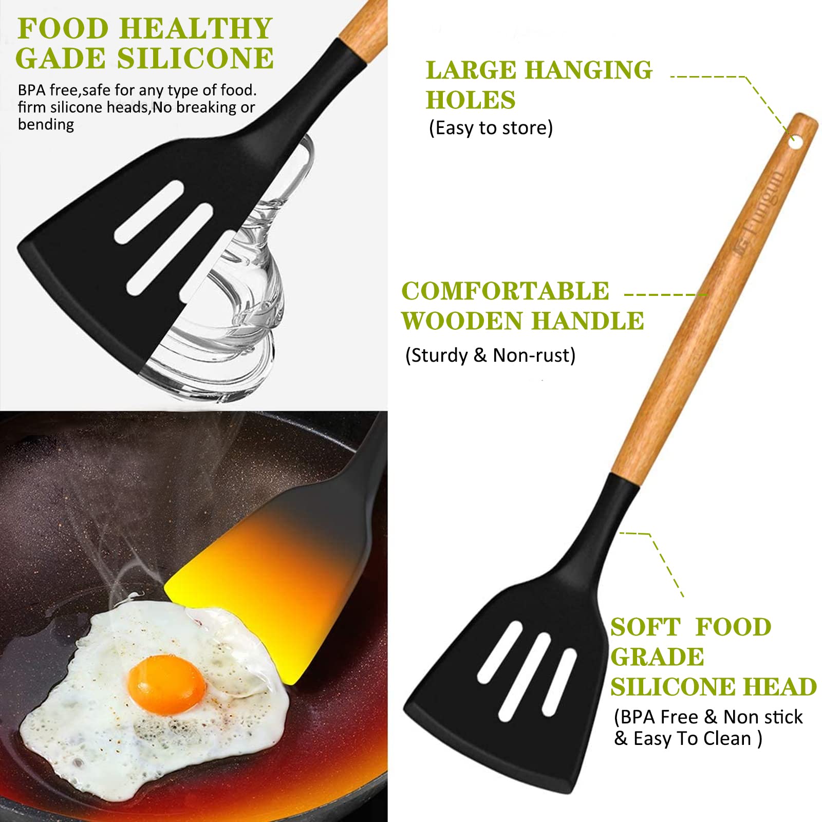 Silicone Kitchen Cooking Utensil Set, Fungun 35 Pcs Kitchen Utensils Spatula Set with Utensil Holder for Nonstick Cookware, BPA Free Cooking Utensils, Kitchen Tools Gift (Black)