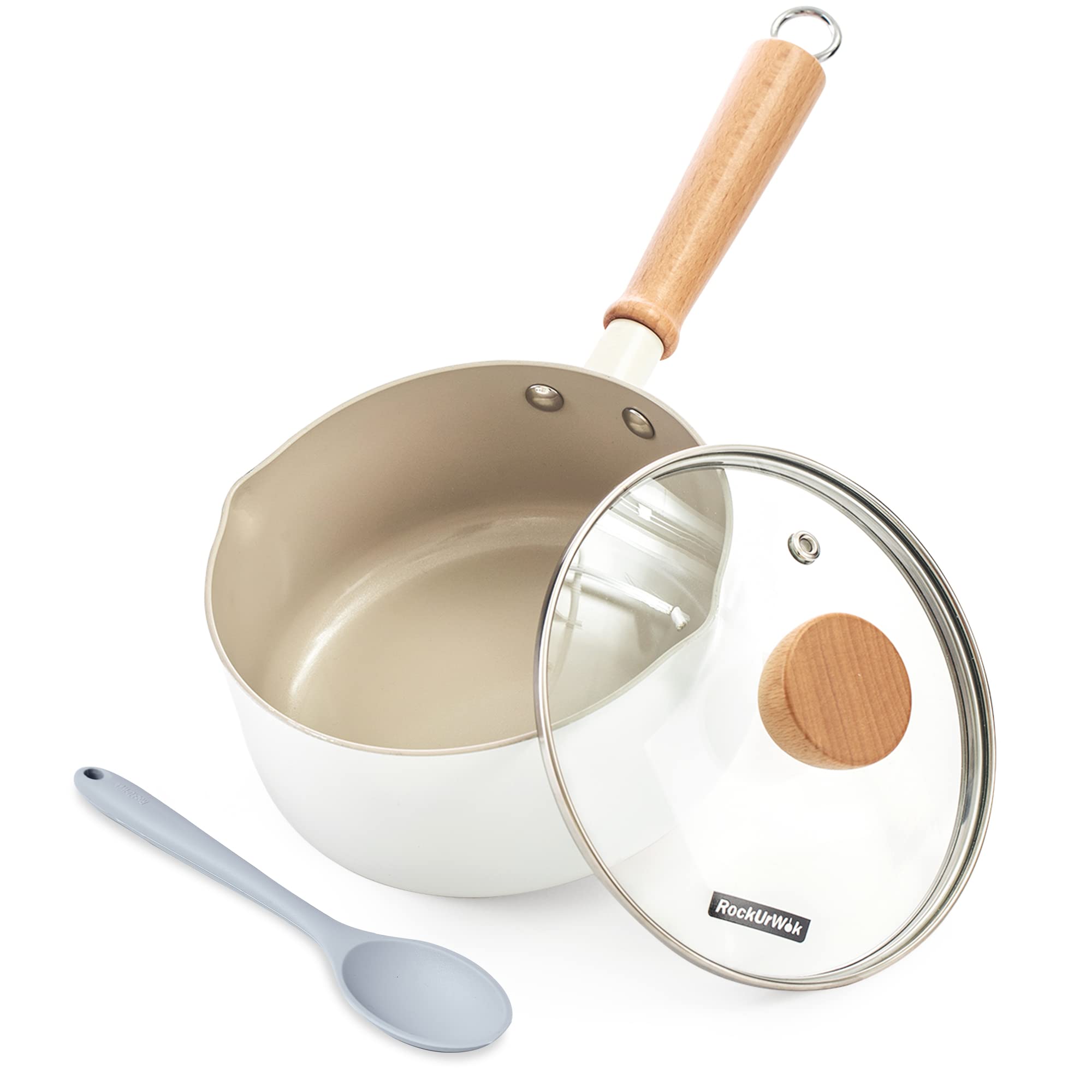 ROCKURWOK Ceramic Nonstick Sauce Pan, 1.5 QT Small Pot, Non Toxic & PFAS-Free, Wooden Handle for Cool Touch, Universal Base(Gas, Electric & Induction), White