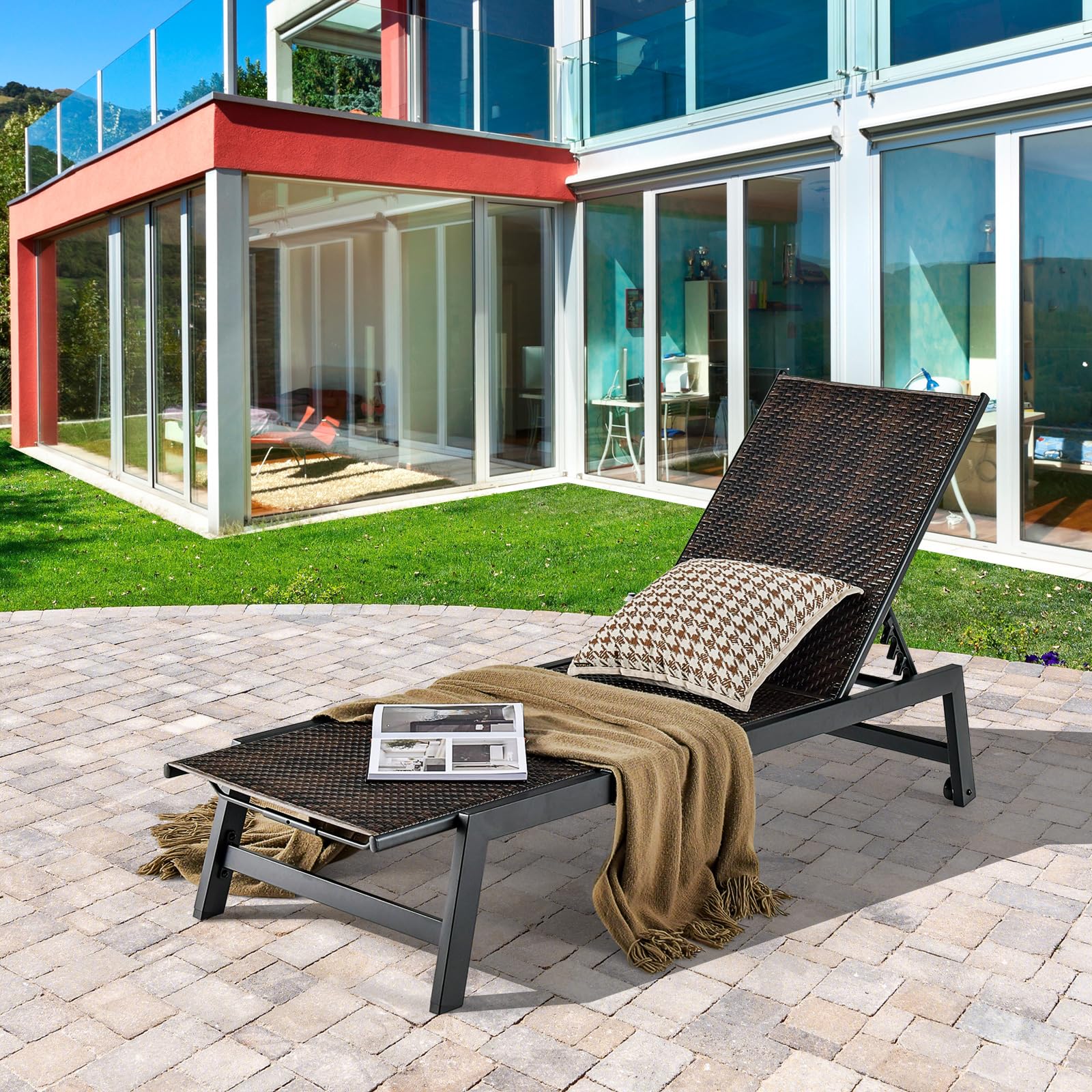 Tangkula Patio PE Rattan Chaise Lounge, Outdoor Recliner w/ 5-Level Backrest, Heavy-Duty Galvanized Steel Frame, Convenient Wheels, Patio Reclining Chair for Backyard, Poolside (2)