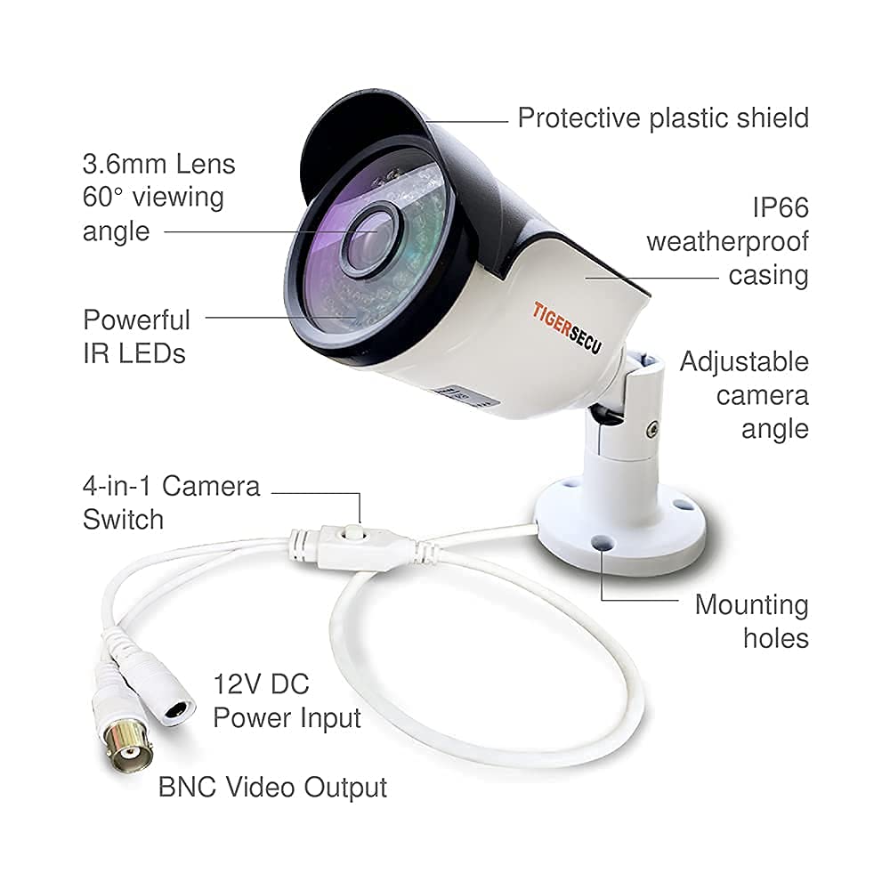 TIGERSECU Super HD 1080P Hybrid 4-in-1 Security Camera with OSD Switch, for TVI/CVI/AHD/D1 DVR, Weatherproof for Indoor/Outdoor Use (Power Supply and Coaxial Cable Sold Separately)