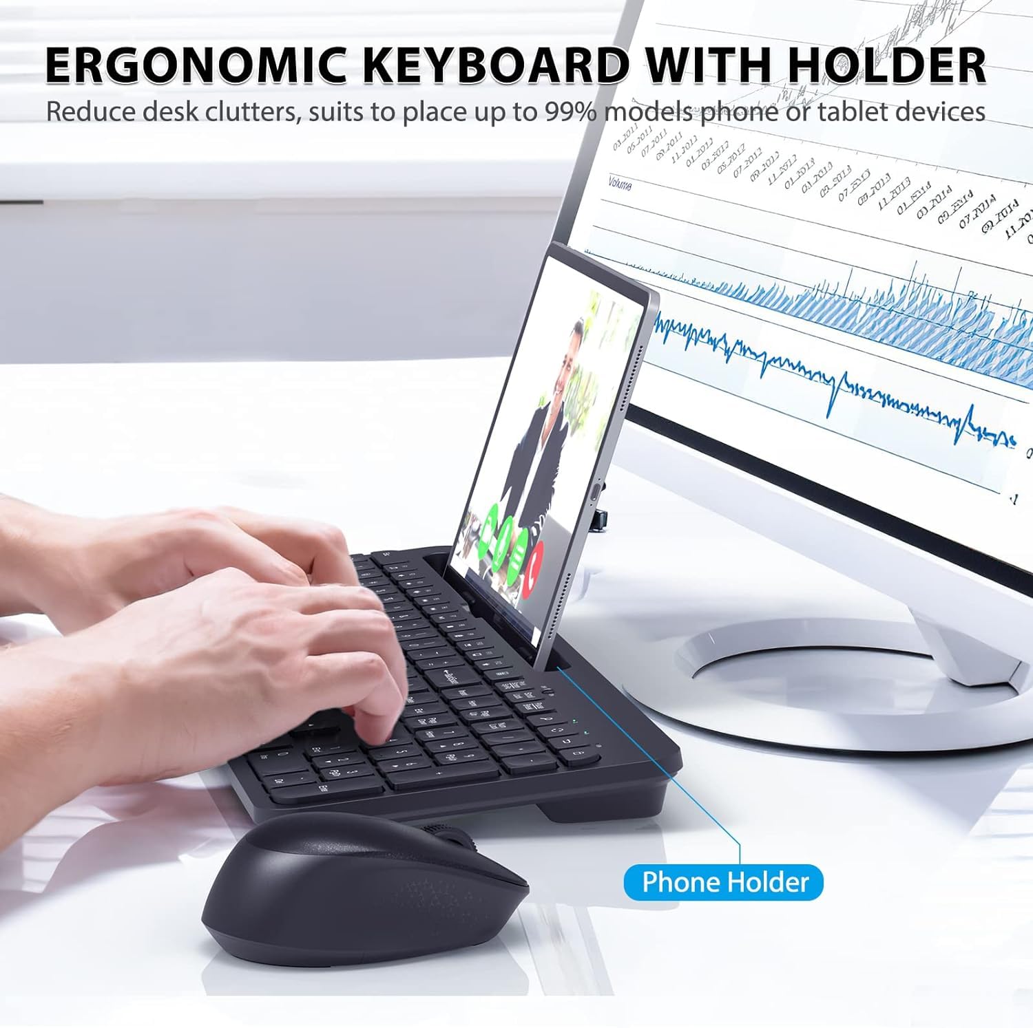 Wireless Keyboard and Mouse Combo, WisFox 2.4GHz Ergonomic USB Keyboard with Phone Holder, Full Size Keyboard and Mouse Set for Computer, Laptop and Desktop(Black)