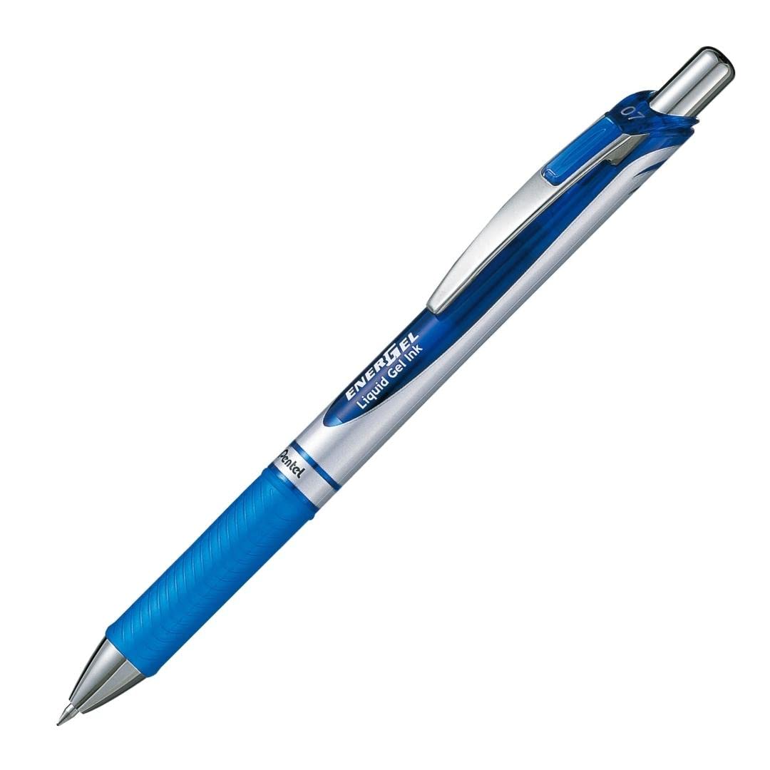 Pentel Gel Ink Pen, EnerGel RTX Gel Pens, 0.7 mm Metal Tip, Black/Silver Barrel, Blue Ink, 12 Each (BL77-C)