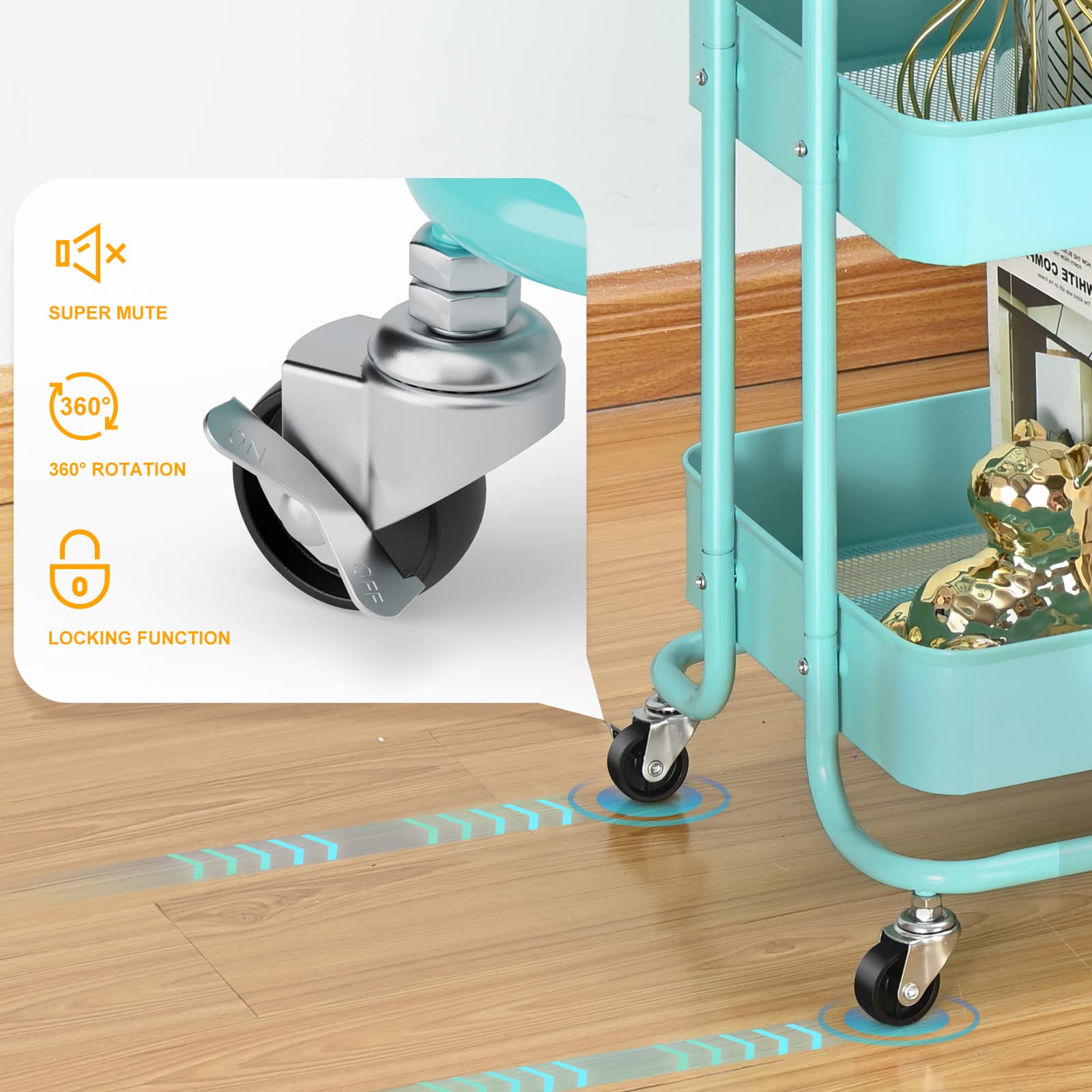 TOOLF 3 Tier Metal Rolling Cart, Utility Cart with Handle, Multifunction Storage Cart with Lockable Wheels, Serving Organizer Trolley with Mesh Basket for Kitchen, Bathroom, Office Turquoise