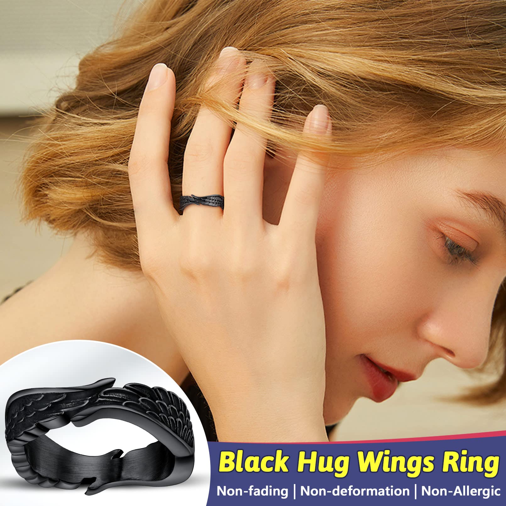 Women Wing Rings Stainless Steel Protective Angel Feather Wings Thumb Ring for Male Dad Birthday Gift