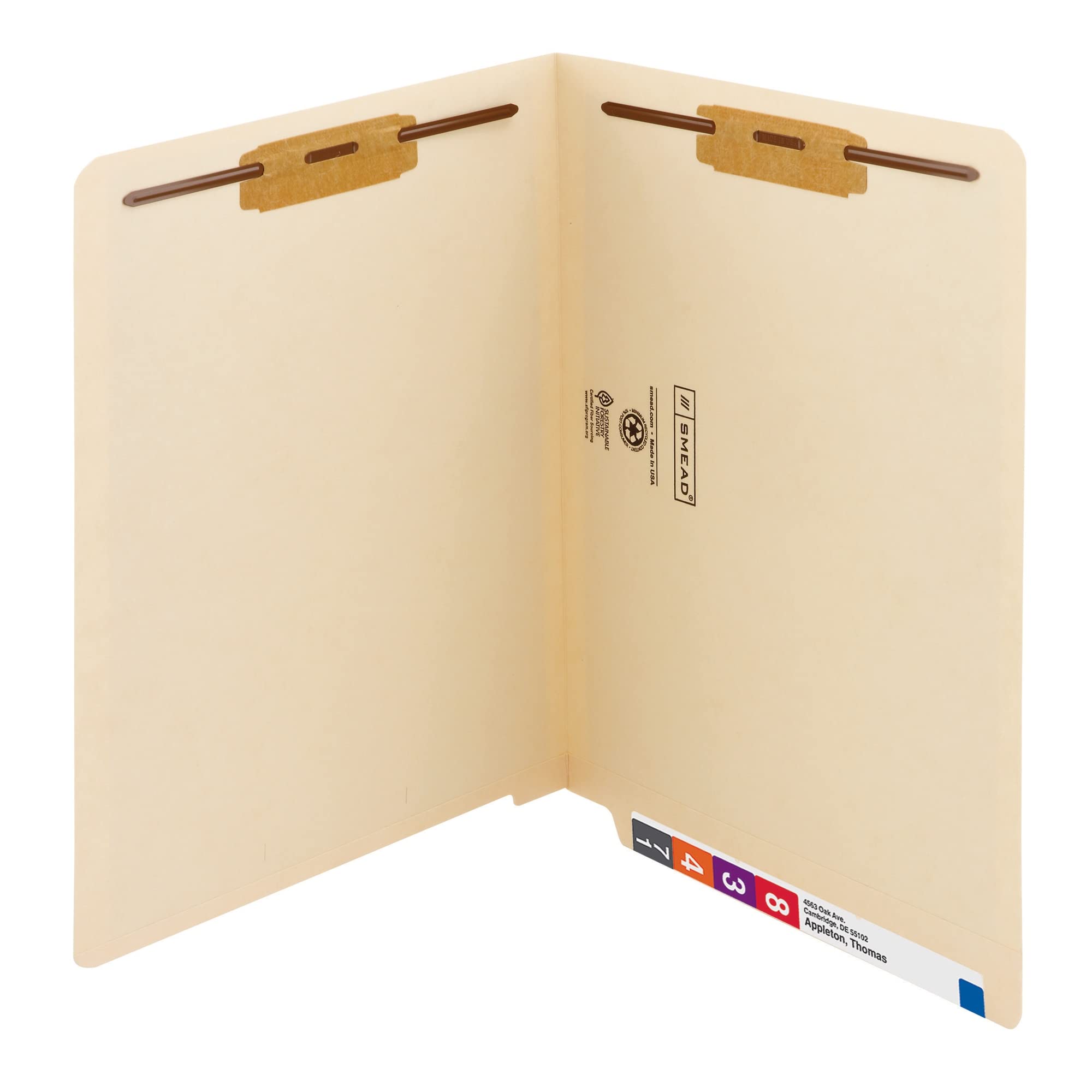 Smead Heavyweight End Tab Fastener File Folder, Shelf-MasterĀ® Reinforced Straight-Cut Tab, 2 Fasteners, Letter Size, Manila, 50 per Box (34215)