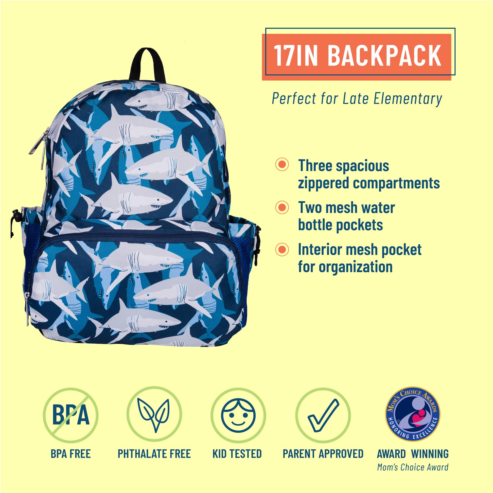 Wildkin Kids Lunch Box, 17-Inch Backpack, and Ice Pack Bundle for Organized, Fresh and Fulfilling Dishes All Around (Sharks)