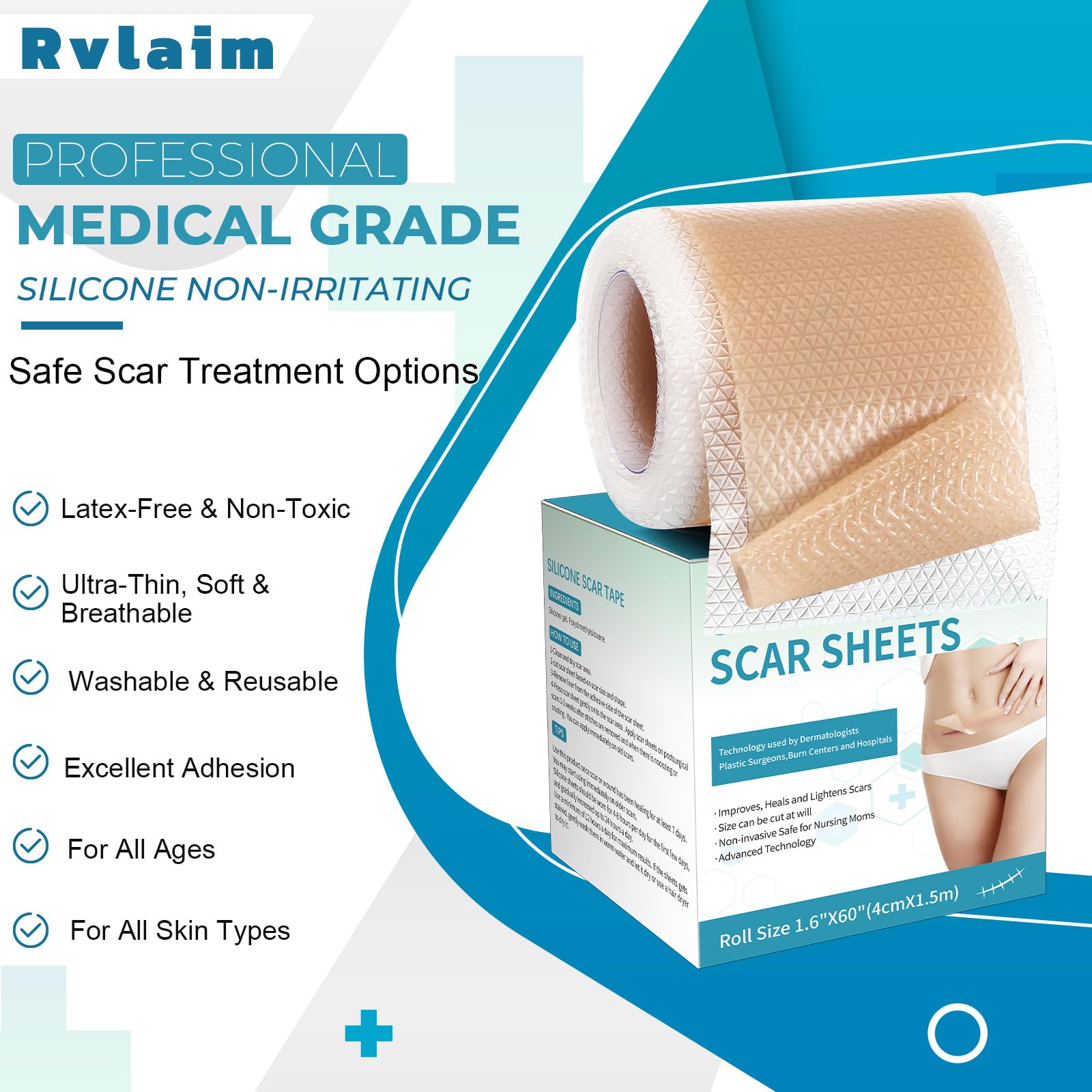 Silicone Scar Sheets, Silicone Scar Tape(1.6βx 60β Roll-1.5M), Silicone Scar Strips, Professional Scar Removal Sheets for Surgical Scars, Keloid, C-Section, Burn et