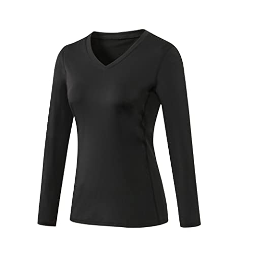 Women's 3 Pack Dry Fit Athletic tightfitting V-neck Long Sleeve,Black,Wine Red,Dark Green,Large