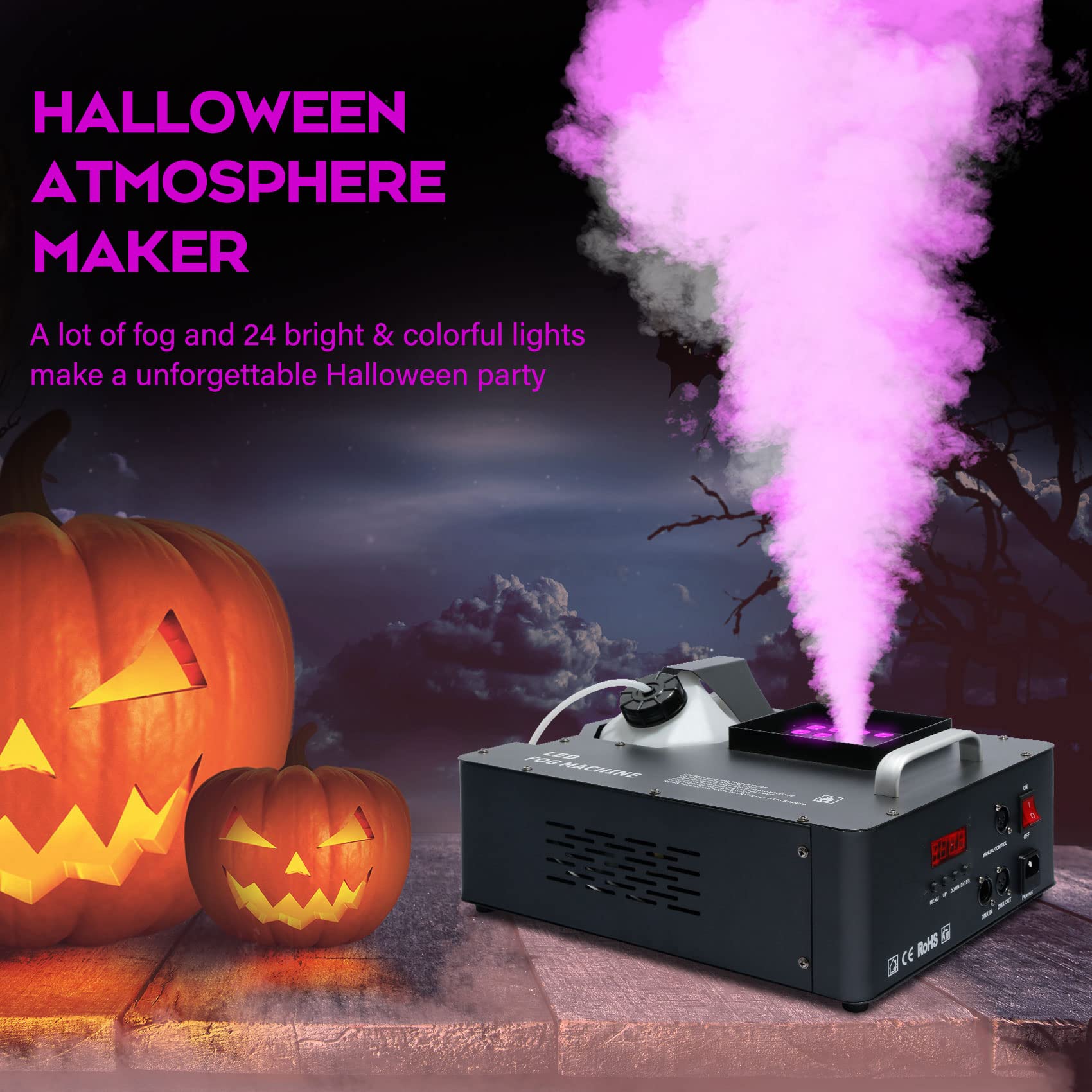 Tengchang Fog Machine for Halloween, 1500W DMX RGB 3 in1 24 LED Smoke Machine Stage Lighting Vertical Spray W/Remote