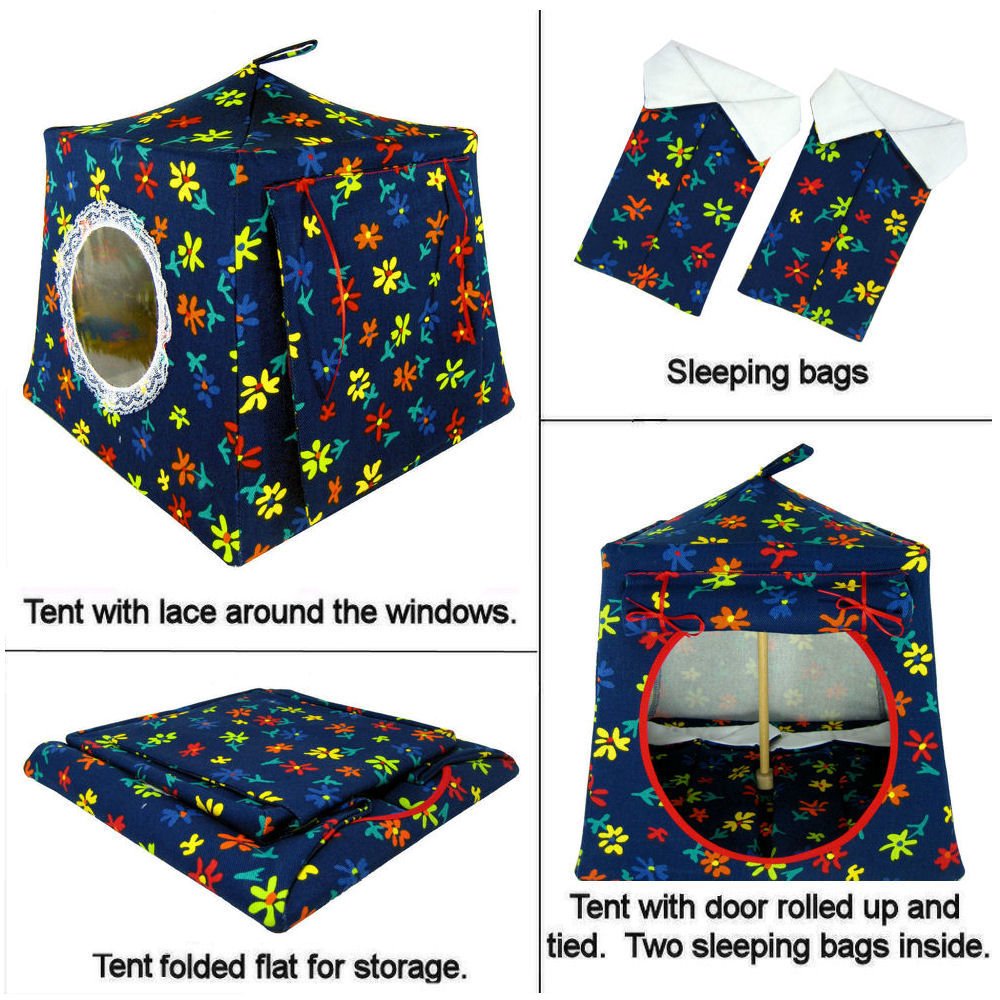 Toy Pop Up Play Fabric House, 2 Sleeping Bags, Blue Print Fabric for Dolls, Stuffed Animals (B-090 Barbie print)