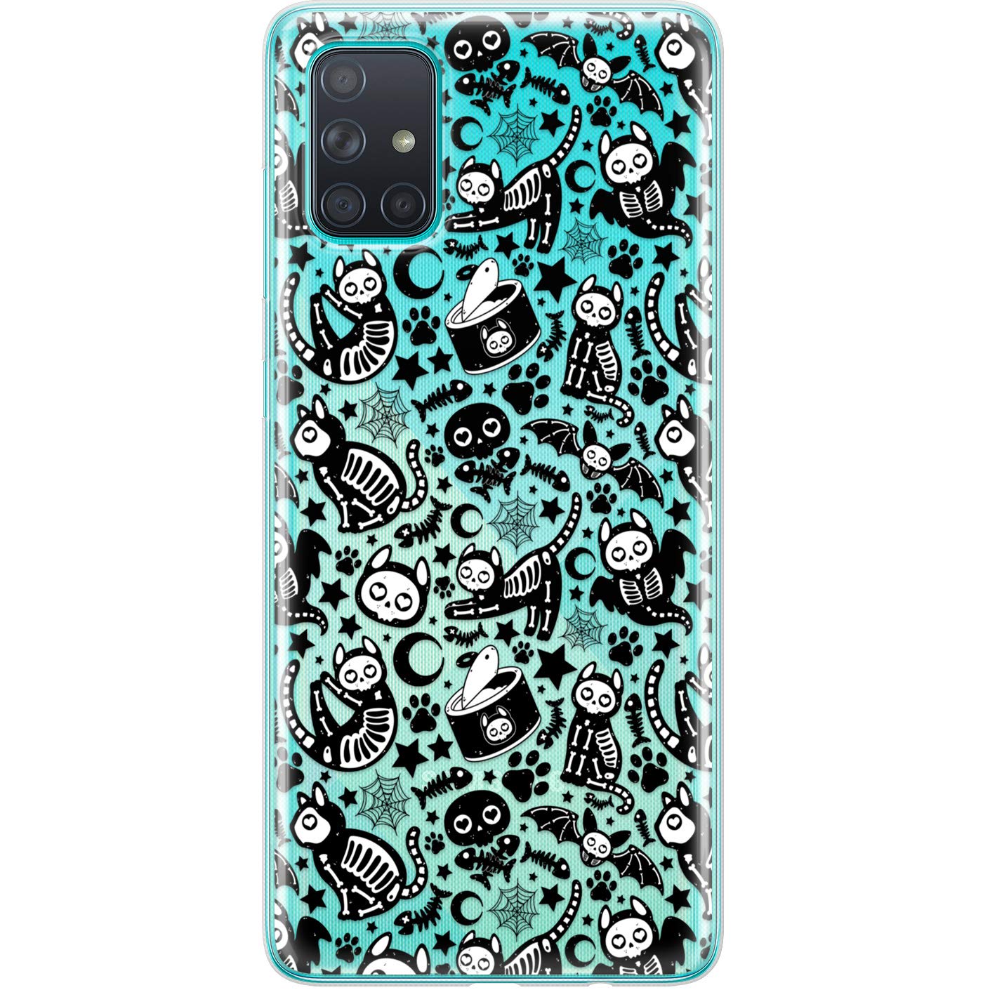 TPU Phone Case Compatible with Samsung A72 A71 5G A70 A51 A50 A32 A21 A11 A12 A13 A14 A01 Flexible Paws Spooky Cats Soft Silicone Bones Skeletons Durable Black Cute Shockproof Protective