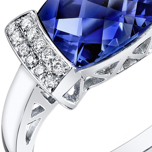 PEORA 14K White Gold 2.61 Carats Created Blue Sapphire with Genuine Diamond Ring, AAA Grade Cushion Cut 9x7mm, Comfort Fit