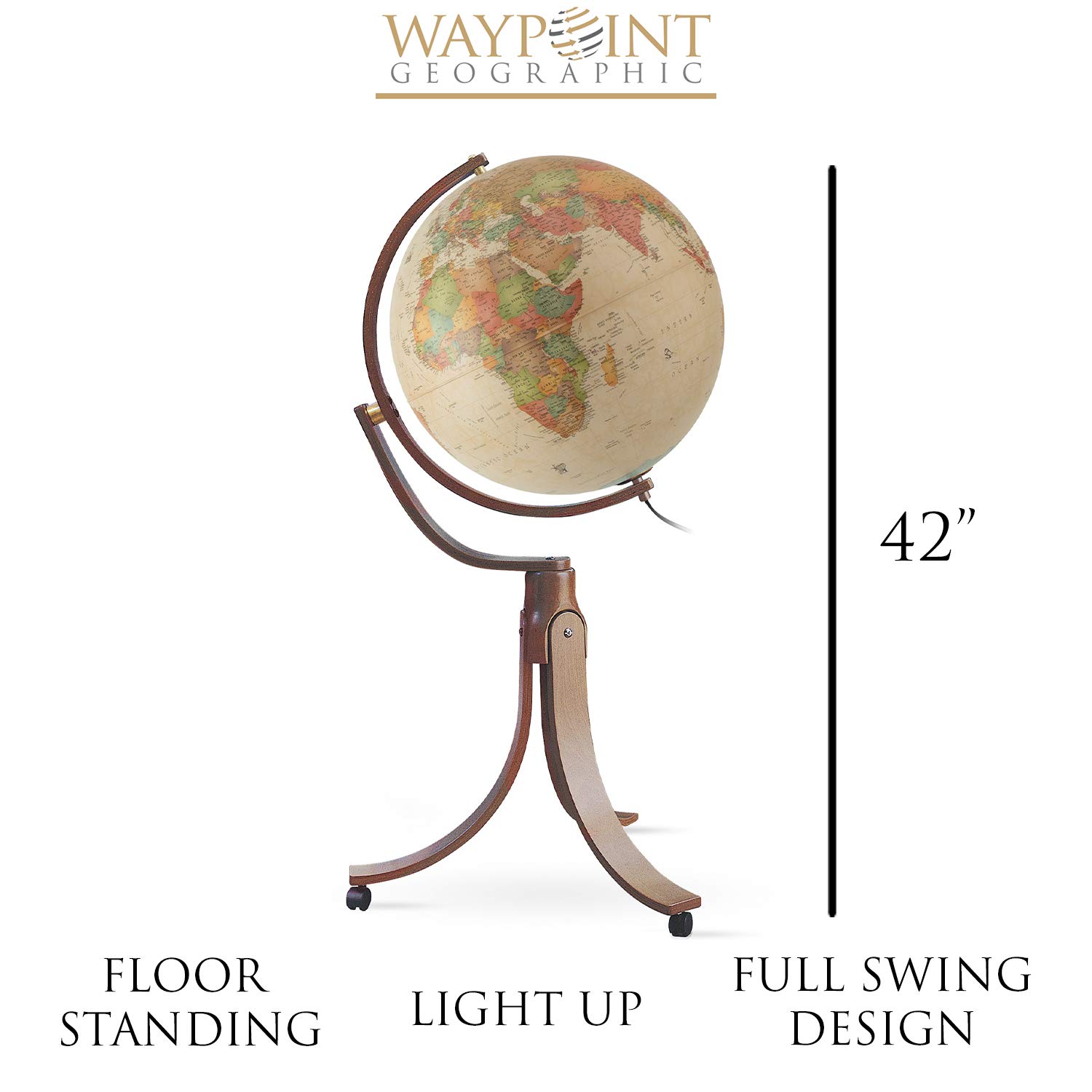 Waypoint Geographic Emily Globe, 20β Illuminated Decorative Globe, Floor-Standing World Globe For Library or Office Decor, Antique