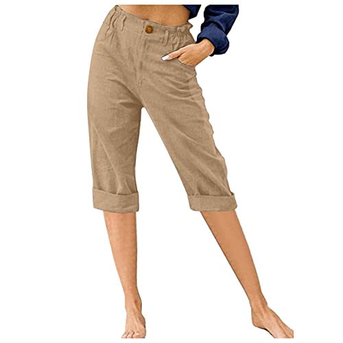 SMIDOW Amazon Coupons and Promo Codes Bell Bottom Pants for Women Women's Cotton Linen Capris Knee Length Pants Trousers Folded Hem Paper Bag Linen Pants with Pockets Cropped Pants Khaki 3XL