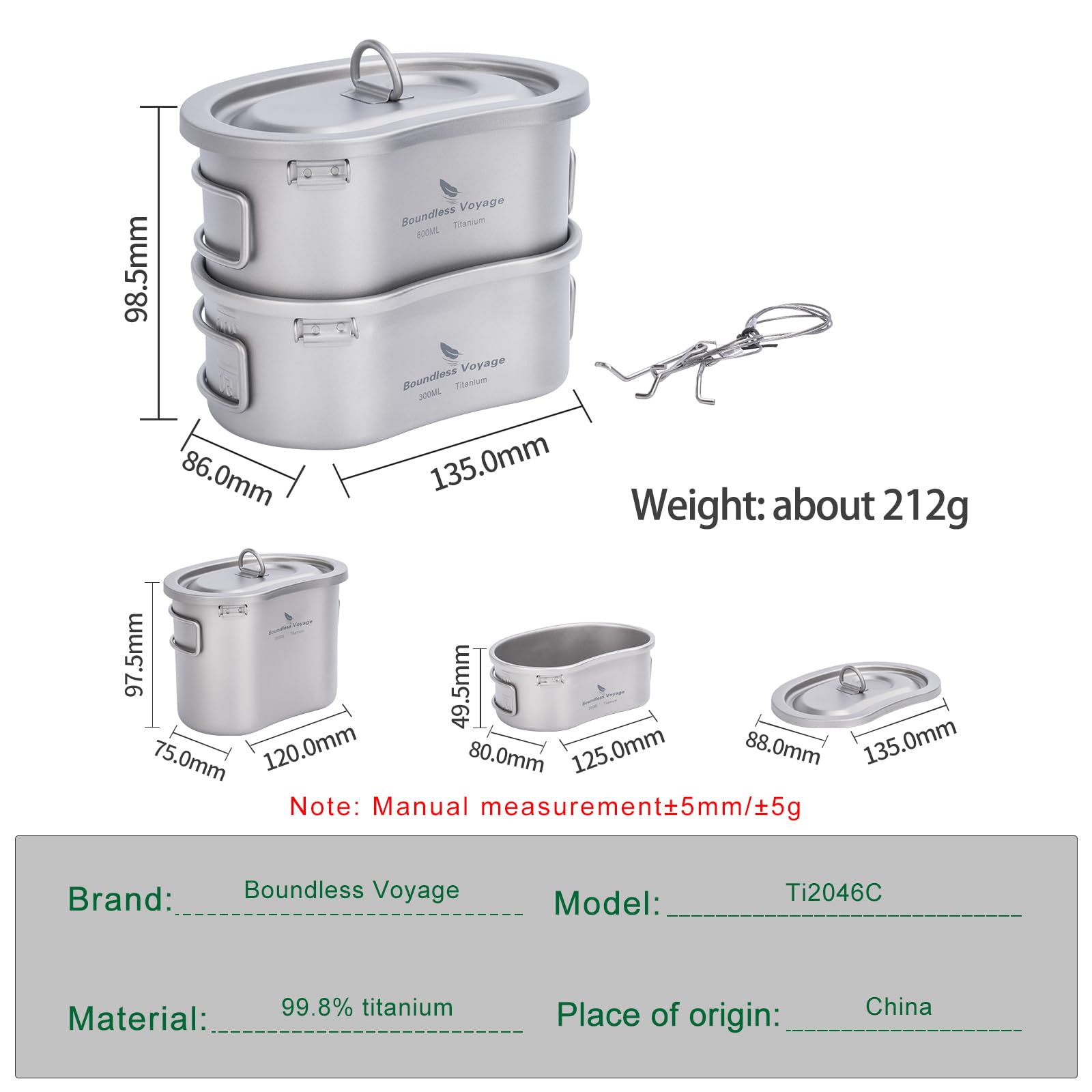 usharedo Boundless Voyage Titanium Camping Pots Set with Hanging Ring Ultralight Portable Bowl Picnic Cookware Titanium Canteen Mess kit for Outdoor Hiking Backpacking Mountaineering Ti15123B