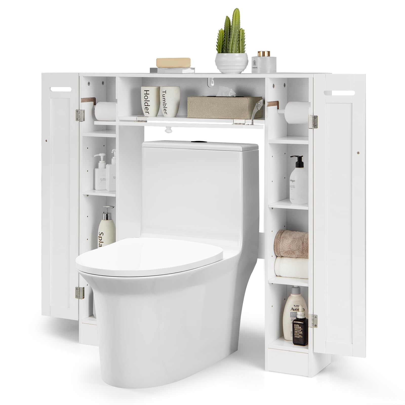 Tangkula Over The Toilet Storage Cabinet, Bathroom Space Saver w/Adjustable Shelves & Paper Holder, Freestanding above Toilet Organizer w/ 2 Side & Pull-Down Door for Bathroom Storage (White)