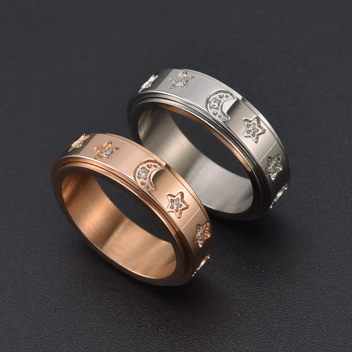 yfstyle Star Moon Spinner Ring 6mm Stainless Steel Fidget Anxiety Ring with Cubic Zircon Sliver Engagement Promise Band Ring Size Silver B-10