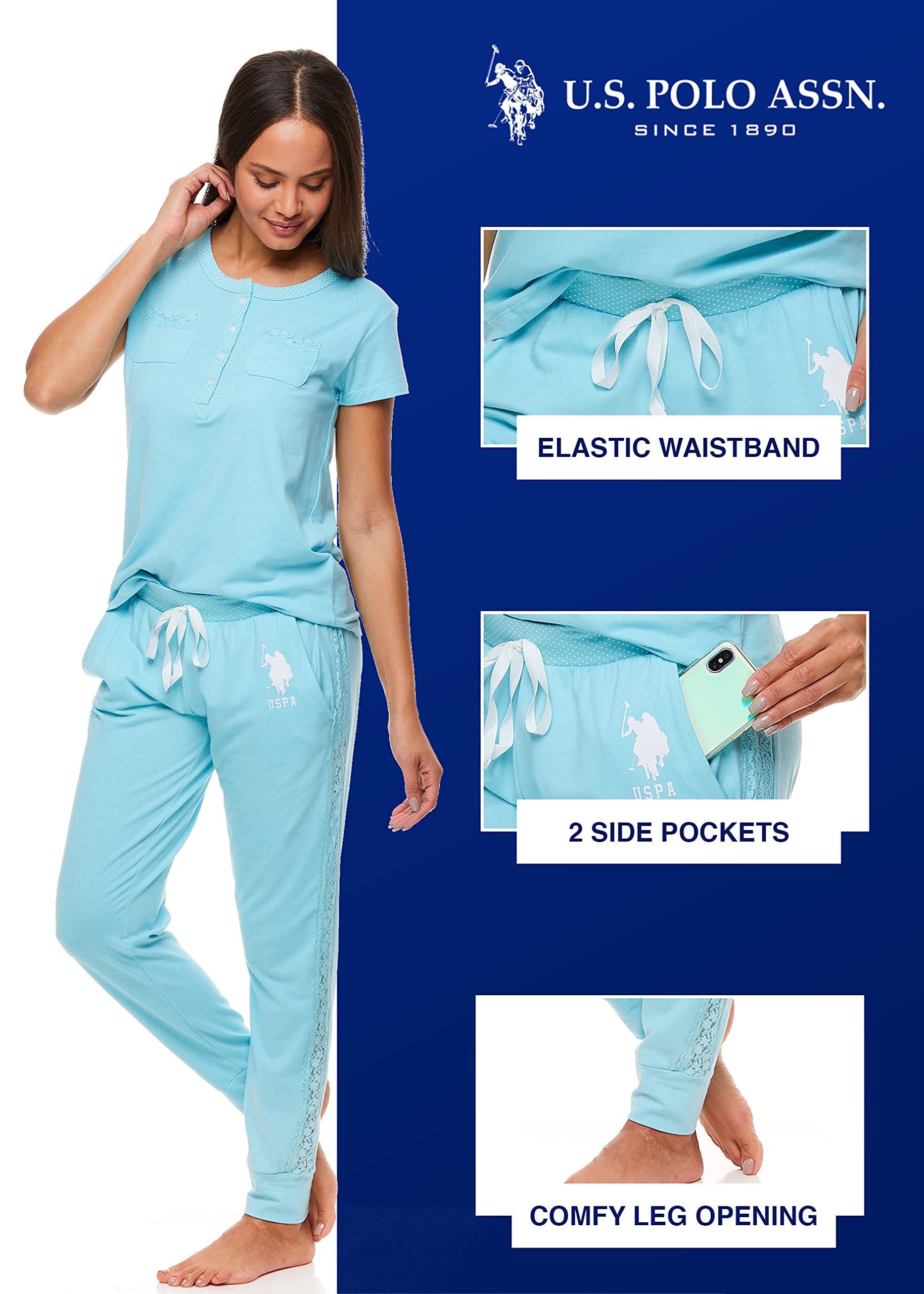 U.S. Polo Assn. Womens Pajama Set with Pockets - Short Sleeve Shirt and Pajama Pants Pj Set Mint Heather Medium