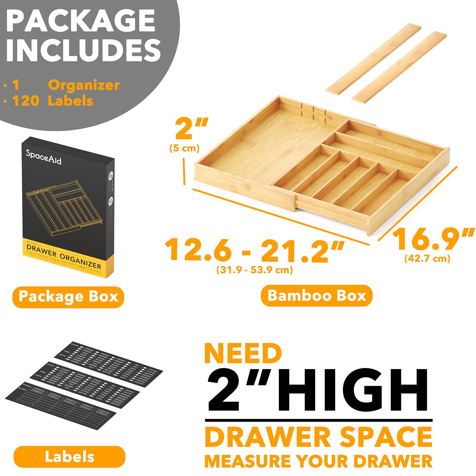 SpaceAid Bamboo Silverware Drawer Organizer with Labels (Natural, 6 Slots) and Utensil Organizer (Natural, 10 Slots)