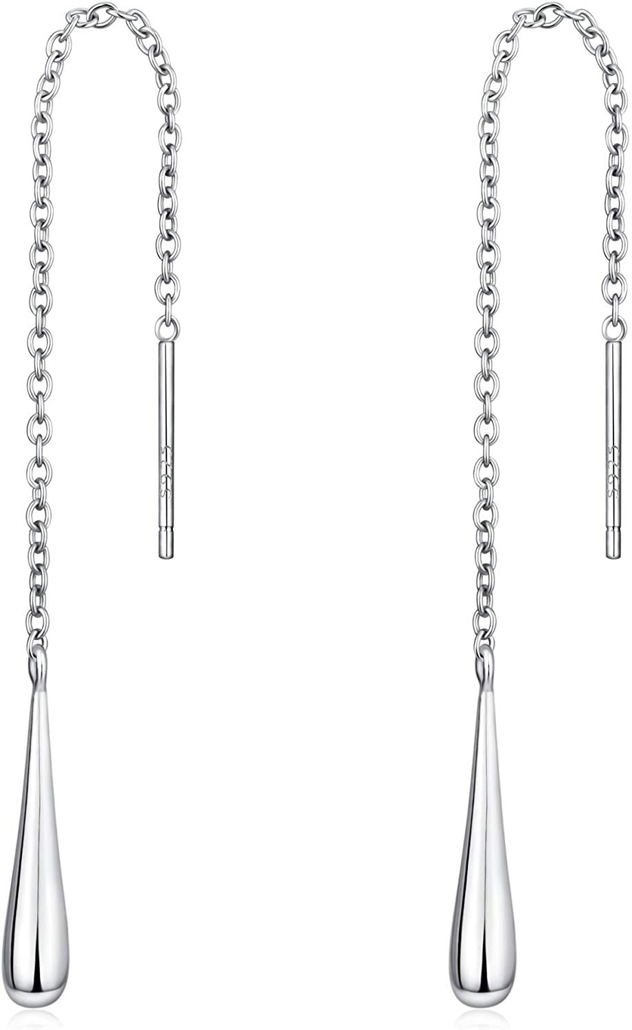 Savlano 925 Sterling Silver White Yellow & Rose Color Threader Dangle Drop Cross Line Ear Teardrop Long Chain Women's Earrings (White)