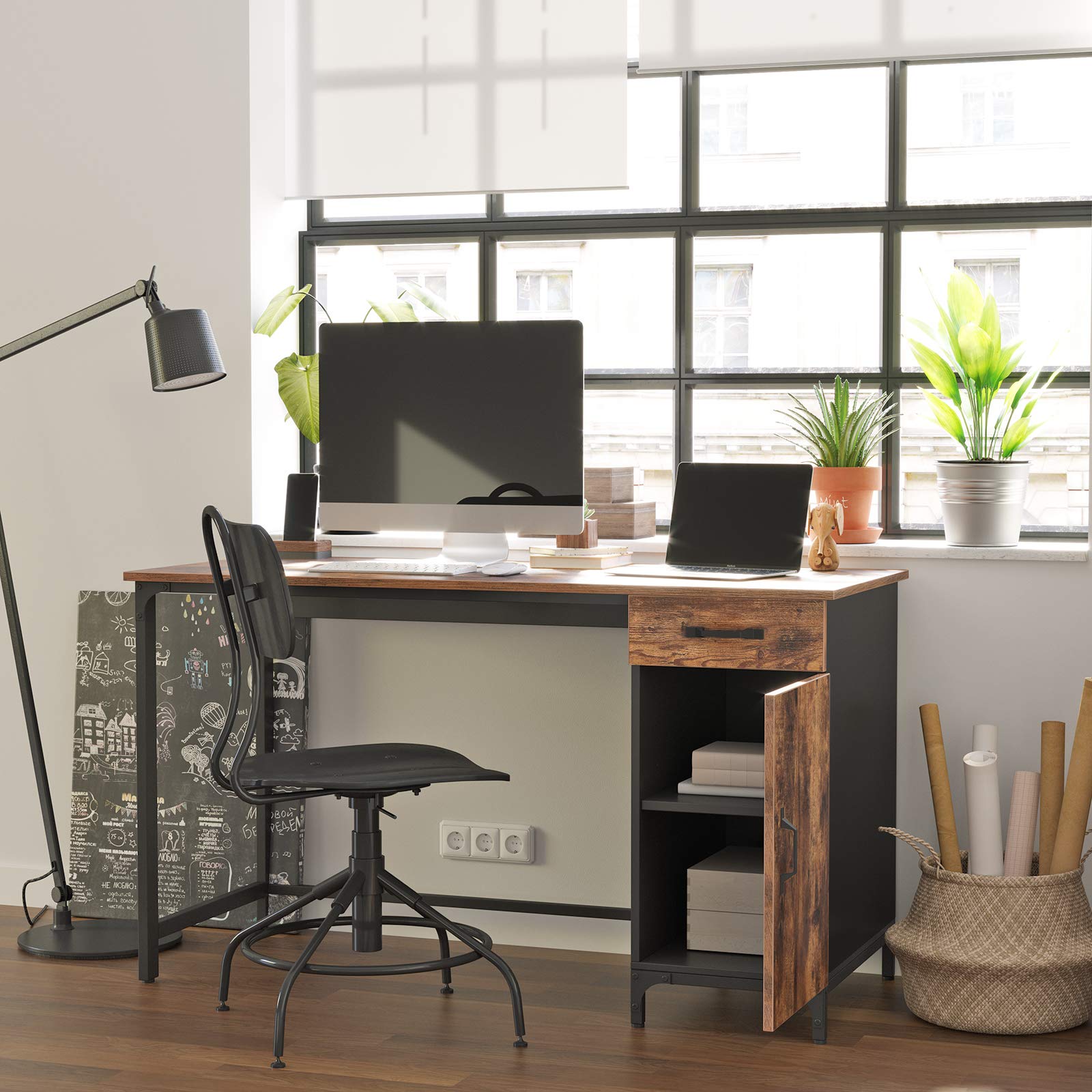 VASAGLE Computer Desk, Writing Study Table with Drawer and Cabinet for Home Office, 51 Inches Industrial Style PC Laptop, Simple Assembly, Black Metal Frame, Rustic Brown ULWD51X