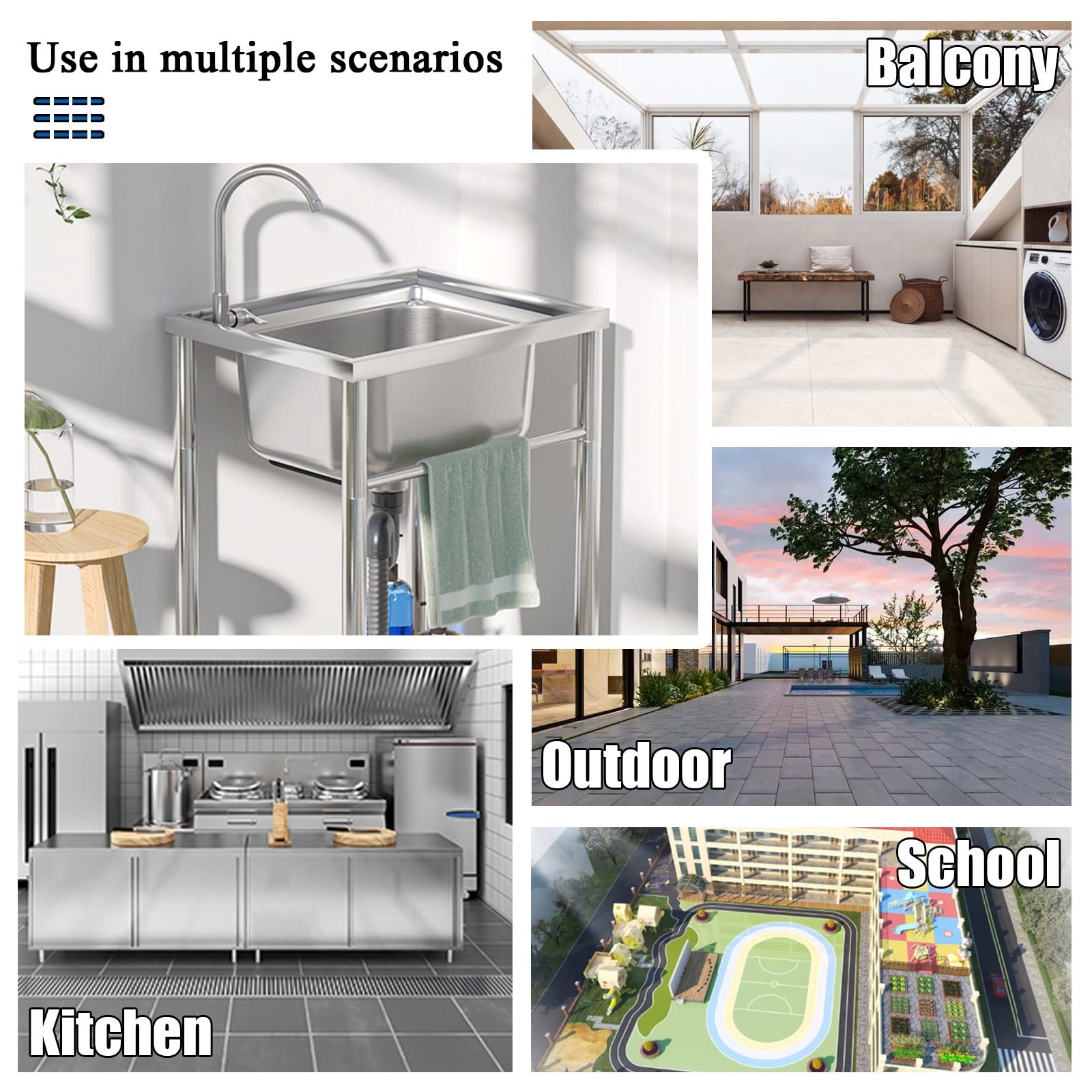 SEYFI Kitchen Sinks U-Tility Sink,Free Standing, Stainless Steel Sink Free Standing Kitchen Sink,Commercial Sink, Freestanding Countertop for Laundry/Single Cold/Single Cold