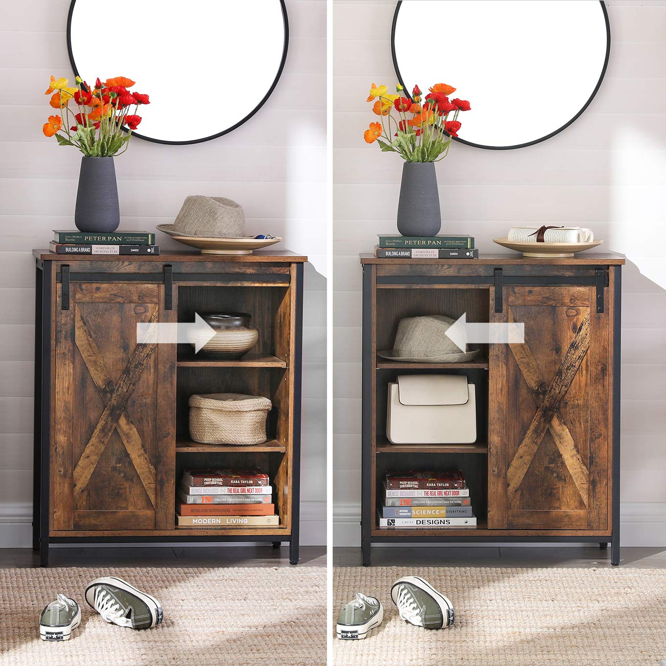 VASAGLE Storage Cabinet Cupboard, Multipurpose Cabinet with Adjustable Shelves, Sliding Door, Steel Frame, for Kitchen, Living Room, Entryway, Industrial, Rustic Brown and Black ULSC88BX