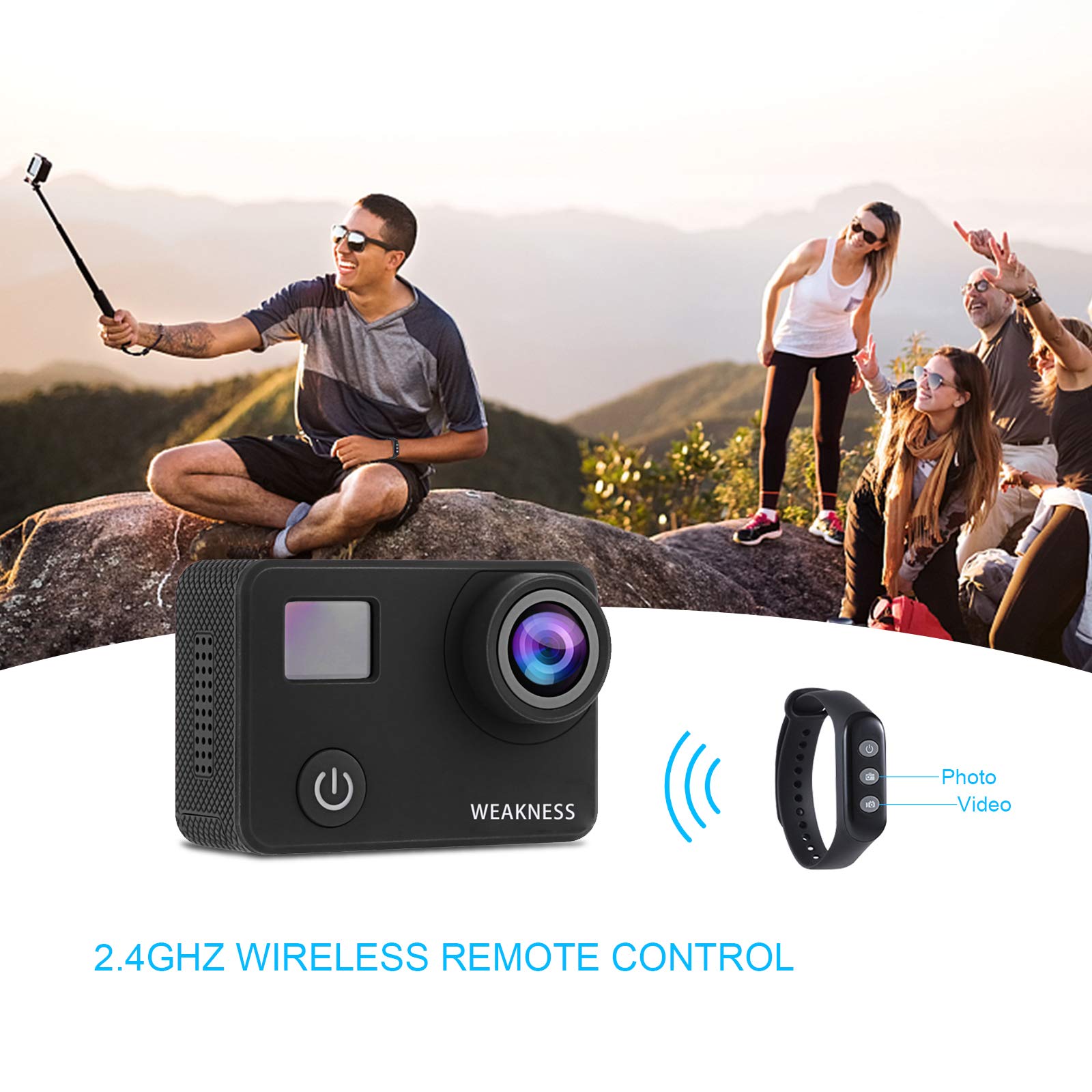 WEAKNESS Action Camera 4K 50FPS 24MP Underwater Camera Waterproof 131ft Touch Screen Sport Camera Support External Mic Remote Control with 32GB Micro SD Card, Black, 60mm*42mm*29mm