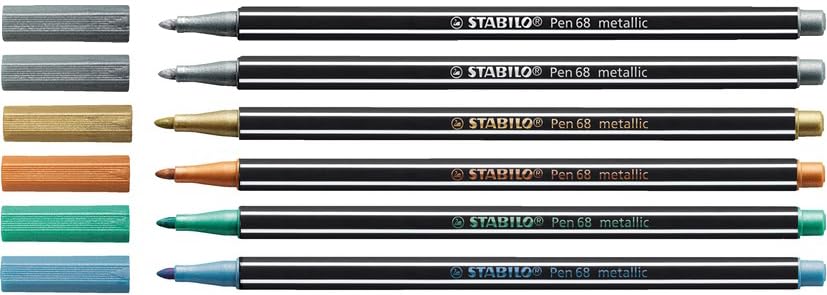 STABILO Metallic Premium Felt Tip Pen Pen 68 Metallic - Tin of 6 - Assorted Colours