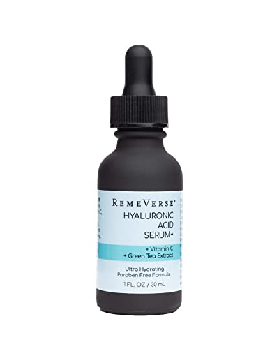 RemeVerse Hyaluronic Acid+ Serum 1 oz, 100% Pure Medical Grade Clinical Strength Hyaluronic Acid with Vitamin C and Green Tea Extract Anti-Aging Serum for Your Face, Lips and DΓ©colletΓ©.